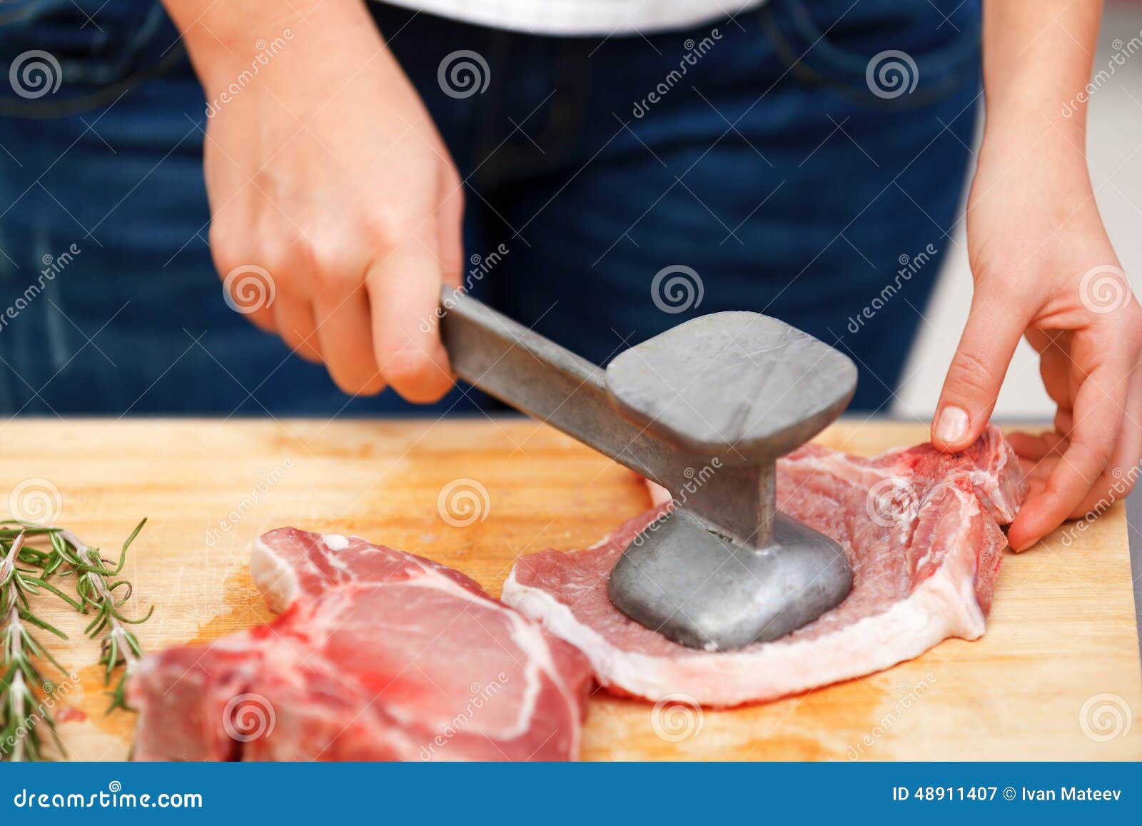 Young Woman Beating a Steak Stock Image - Image of healthy, commercial ...