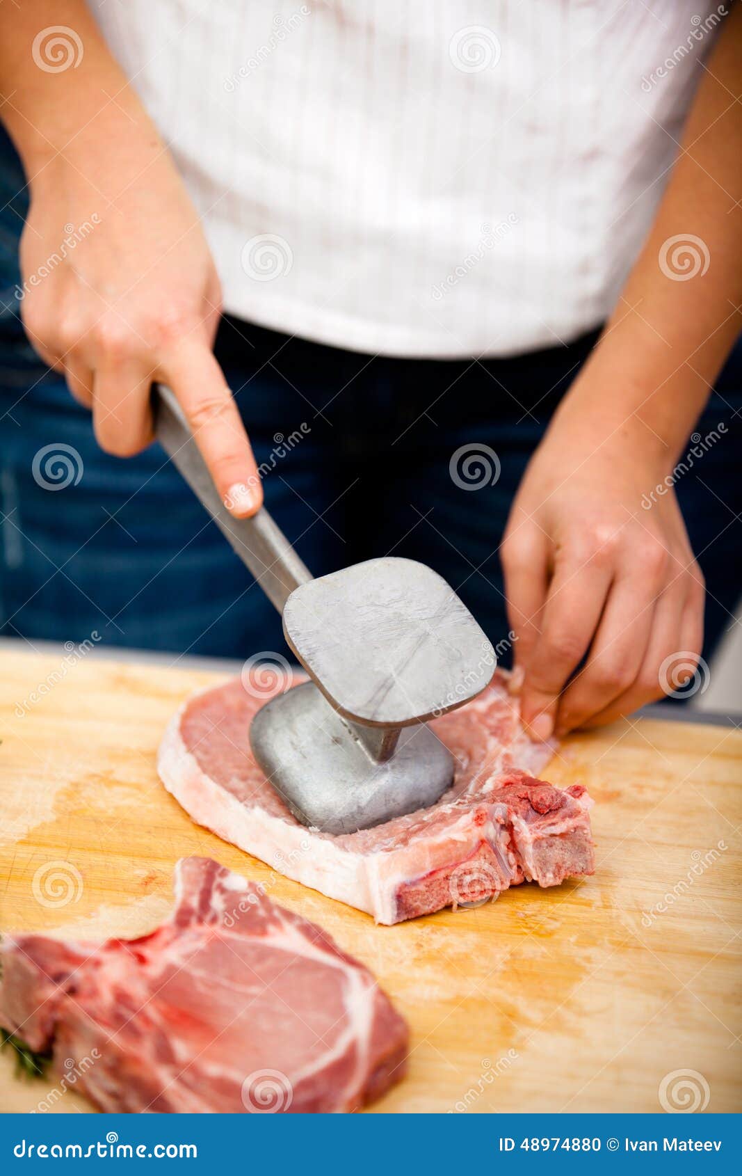 Young Woman Beating a Steak Stock Photo - Image of meal, equipment ...