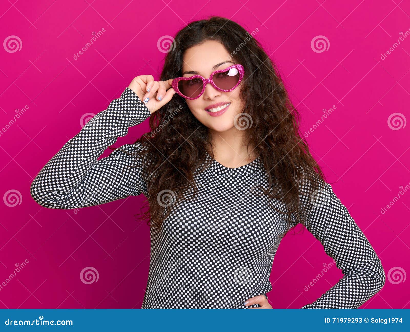 Young Woman Beautiful Portrait Posing On Pink Background Long Curly