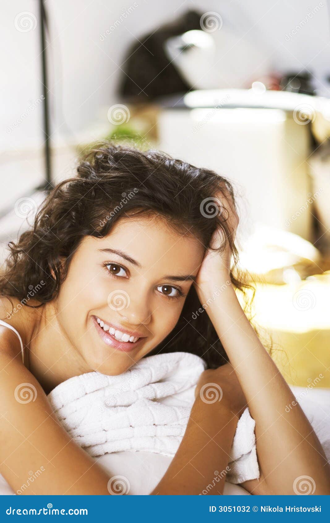 Young woman in bed stock photo. Image of pretty, shiny - 3051032