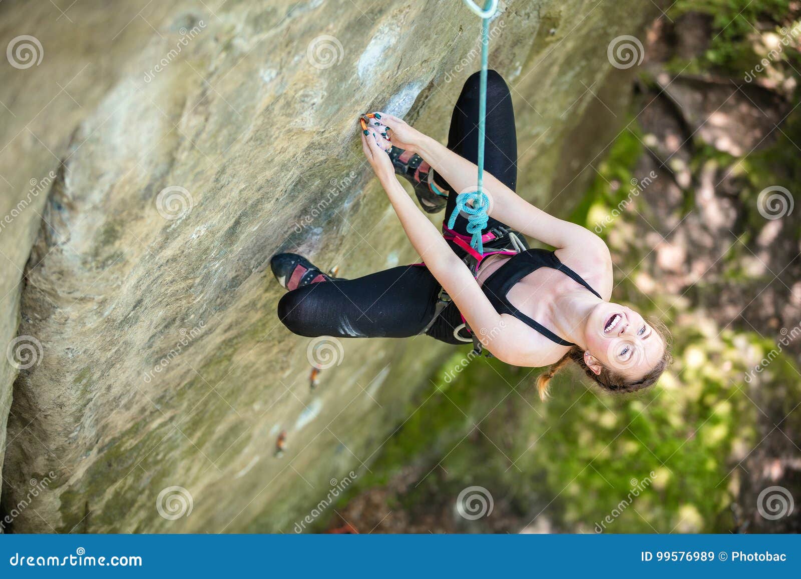 Young Woman Beginner Climbing Vertical Cliff Stock Image - Image of ...