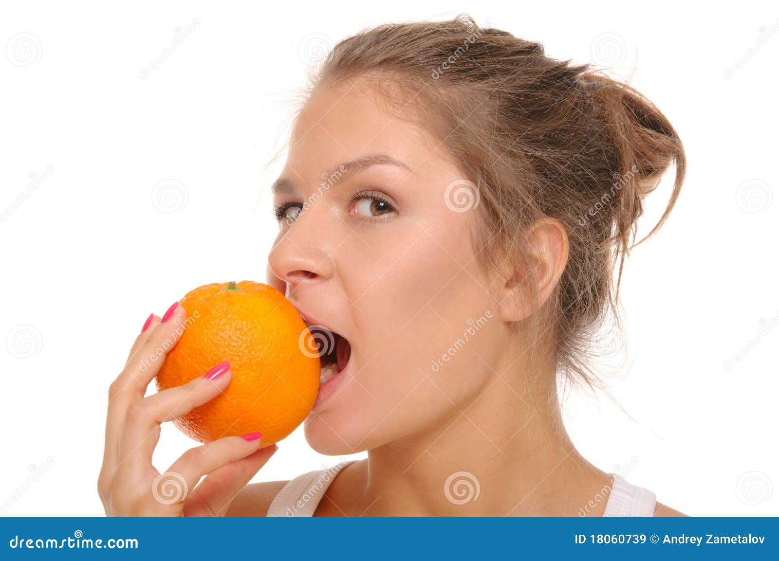 Young Woman Bites an Orange Stock Image - Image of emote, headshot ...