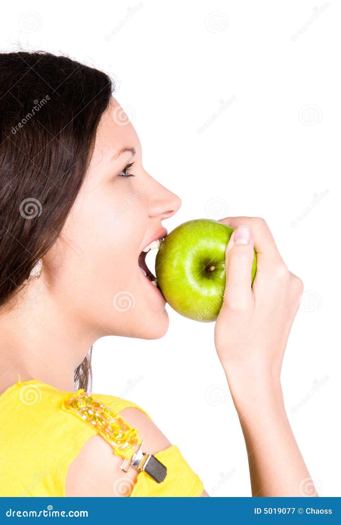 Young Woman Biting Green Apple Stock Image - Image of close, eating ...