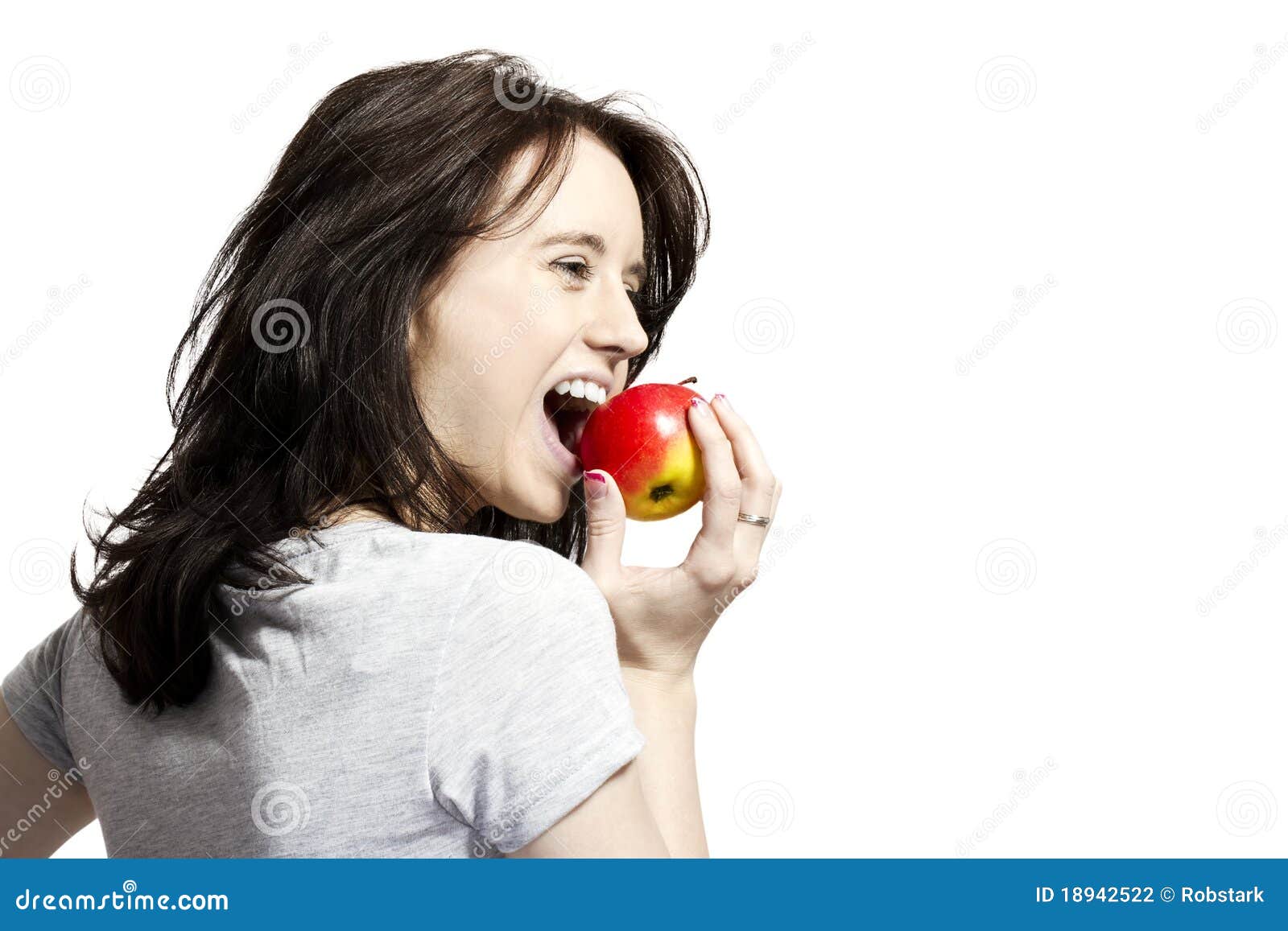 Young Woman Biting in Red Apple Stock Photo - Image of hair, healthy ...