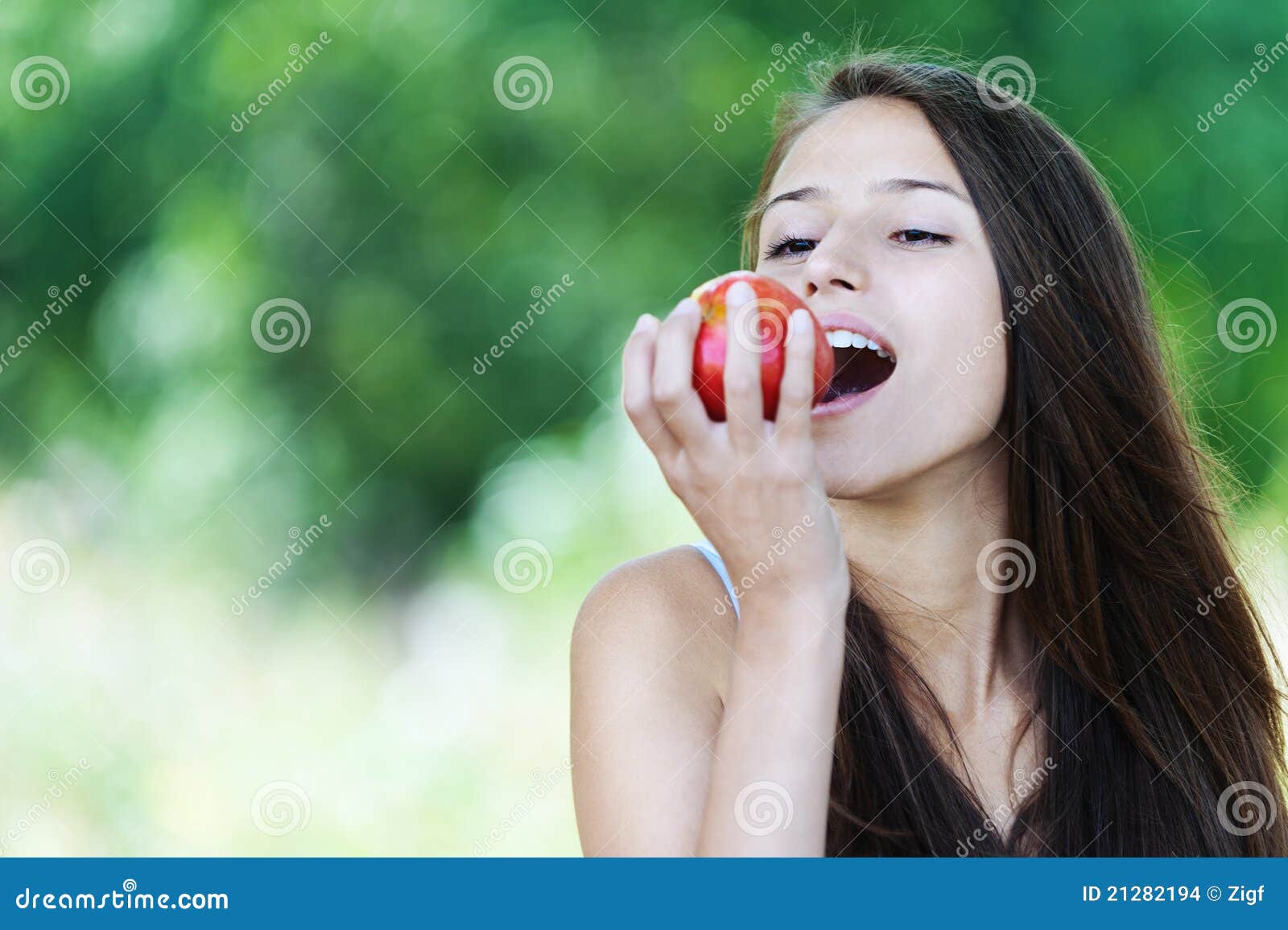 Young Woman Biting Red Apple Stock Photo - Image of health, eyebrows ...