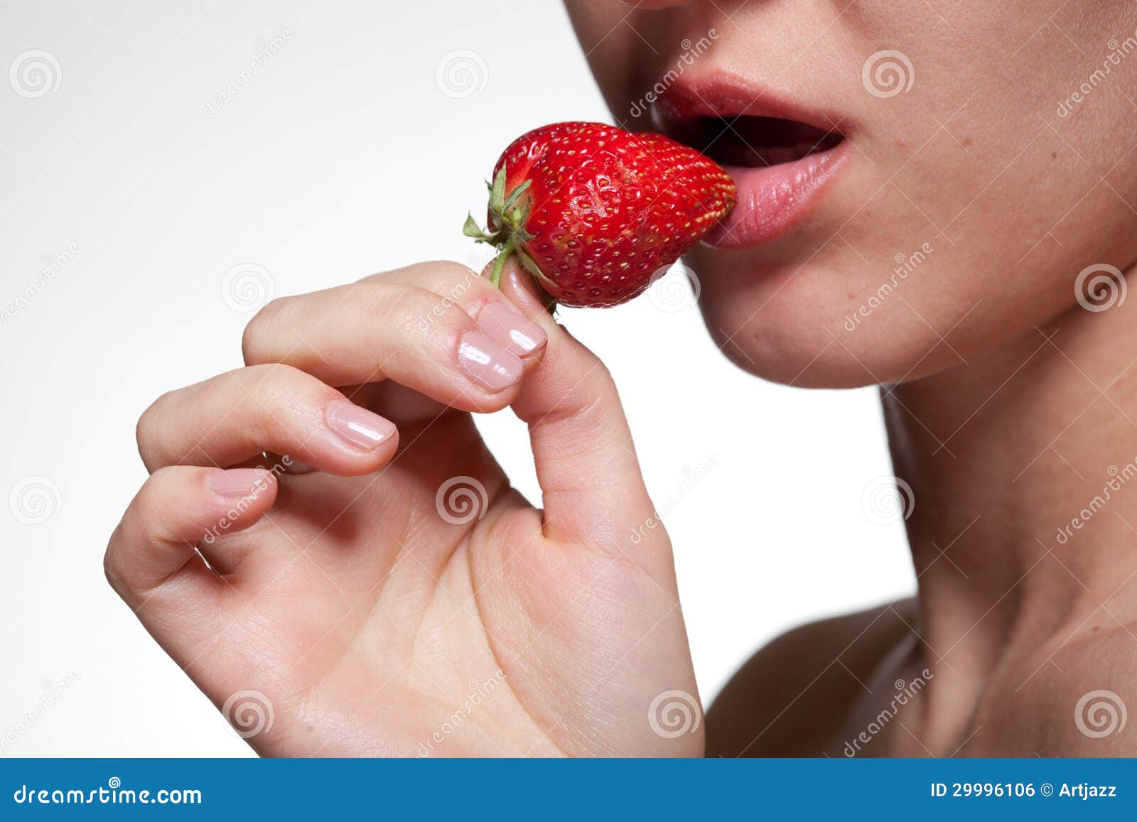 Young Woman Biting Strawberry Isolated on White Stock Photo - Image of ...