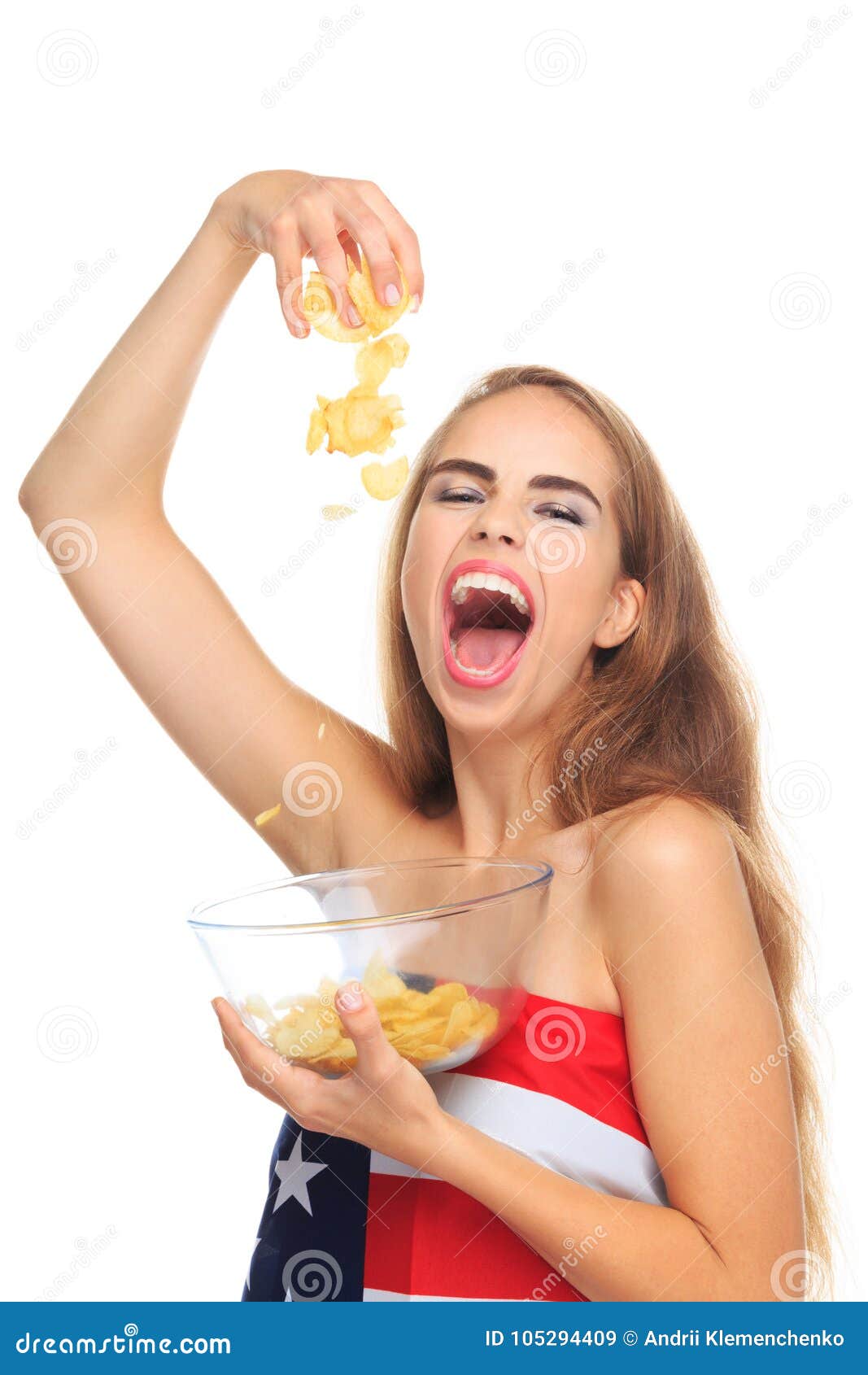 Young Woman Blond Eating a Potato Chips Isolated on a White Background ... Young Woman Blond Eating a Potato Chips Isolated on a White Background ...