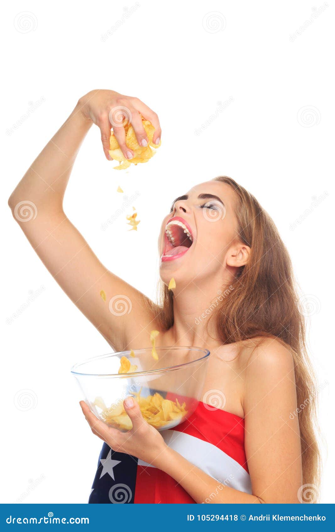 Young Woman Blond Eating a Potato Chips Isolated on a White Background ... Young Woman Blond Eating a Potato Chips Isolated on a White Background ...