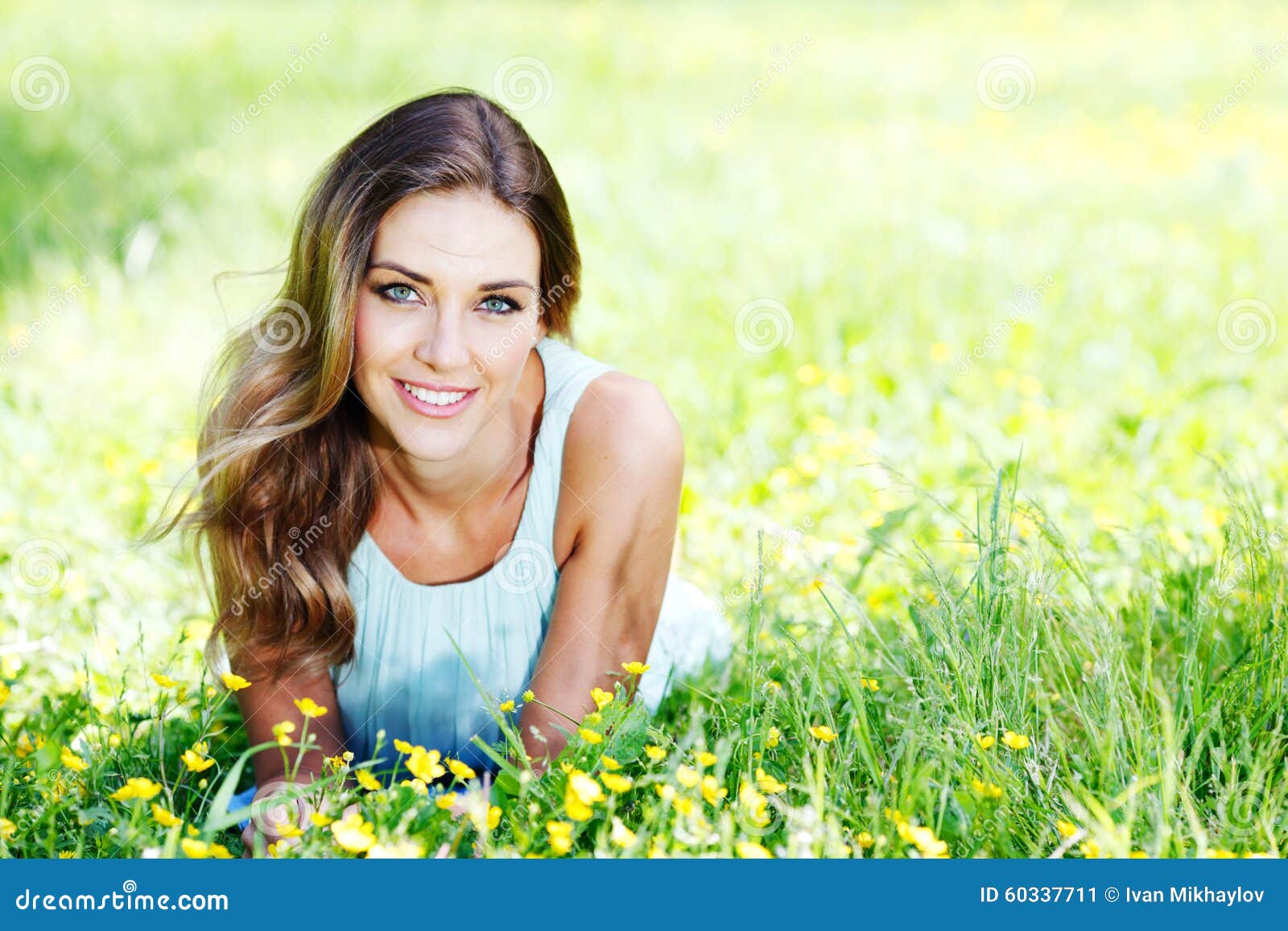 Young Woman In Blue Dress Lying On Grass Stock Image Image Of