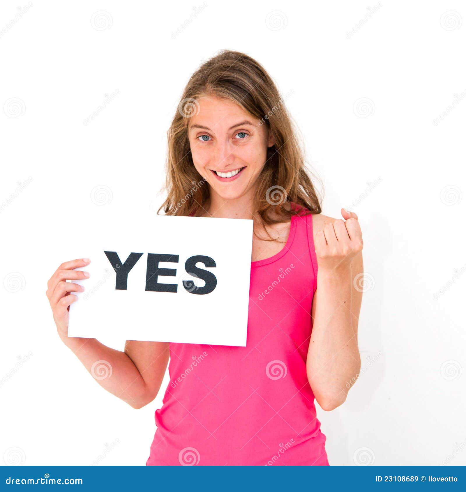 Young woman with board yes stock image. Image of card - 23108689