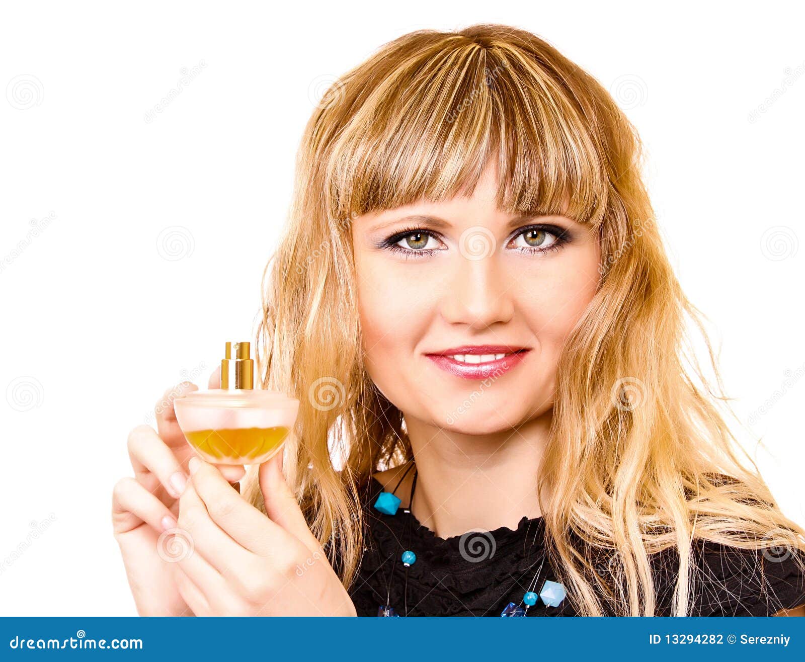 Young Woman with a Bottle of Perfume Isolated Stock Photo - Image of ...