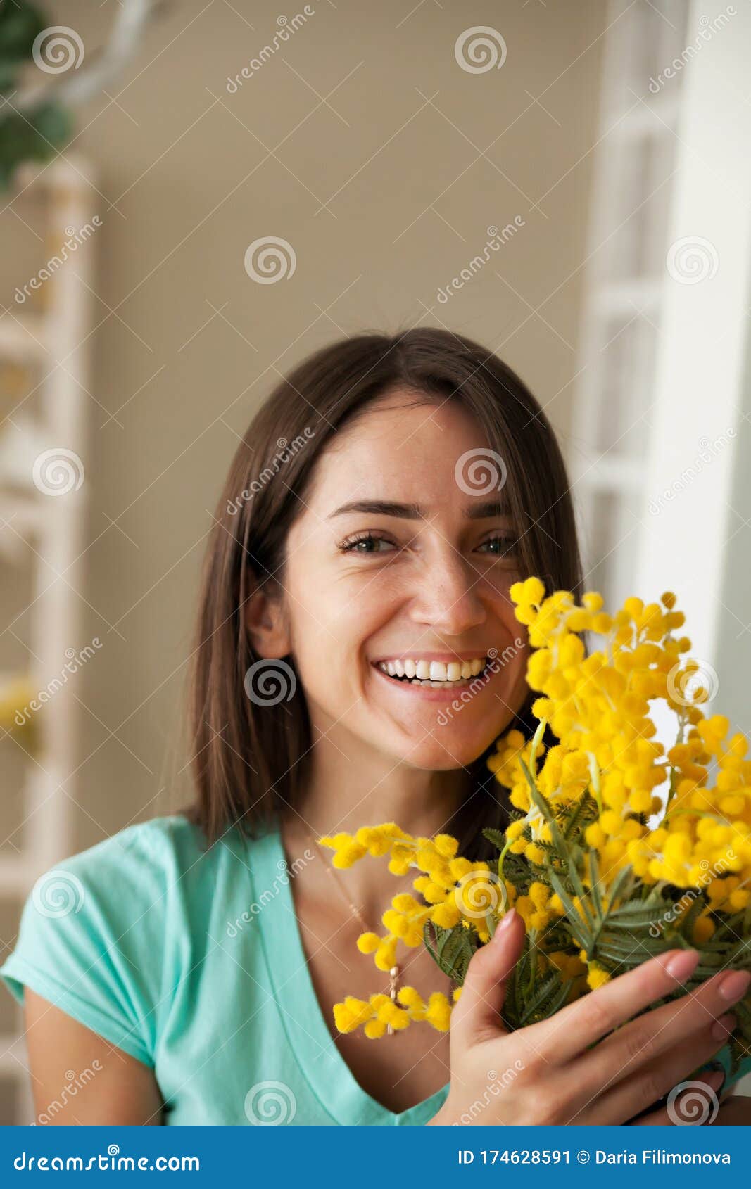 Smiling Girl Holding Bouquet Of Yellow Flowers Stock Image Image Of