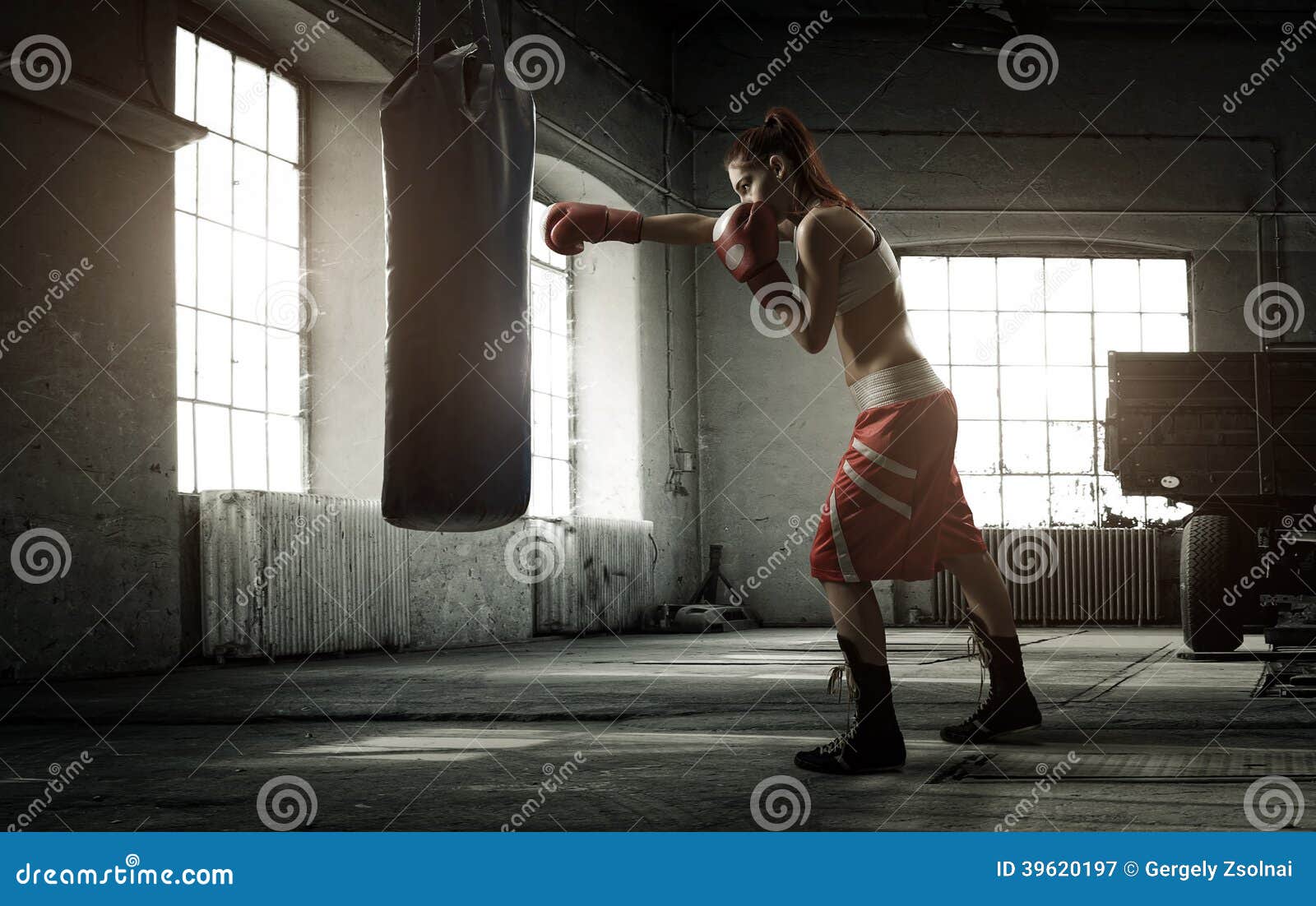 Young Woman Boxing Workout in an Old Building Stock Image - Image of ...
