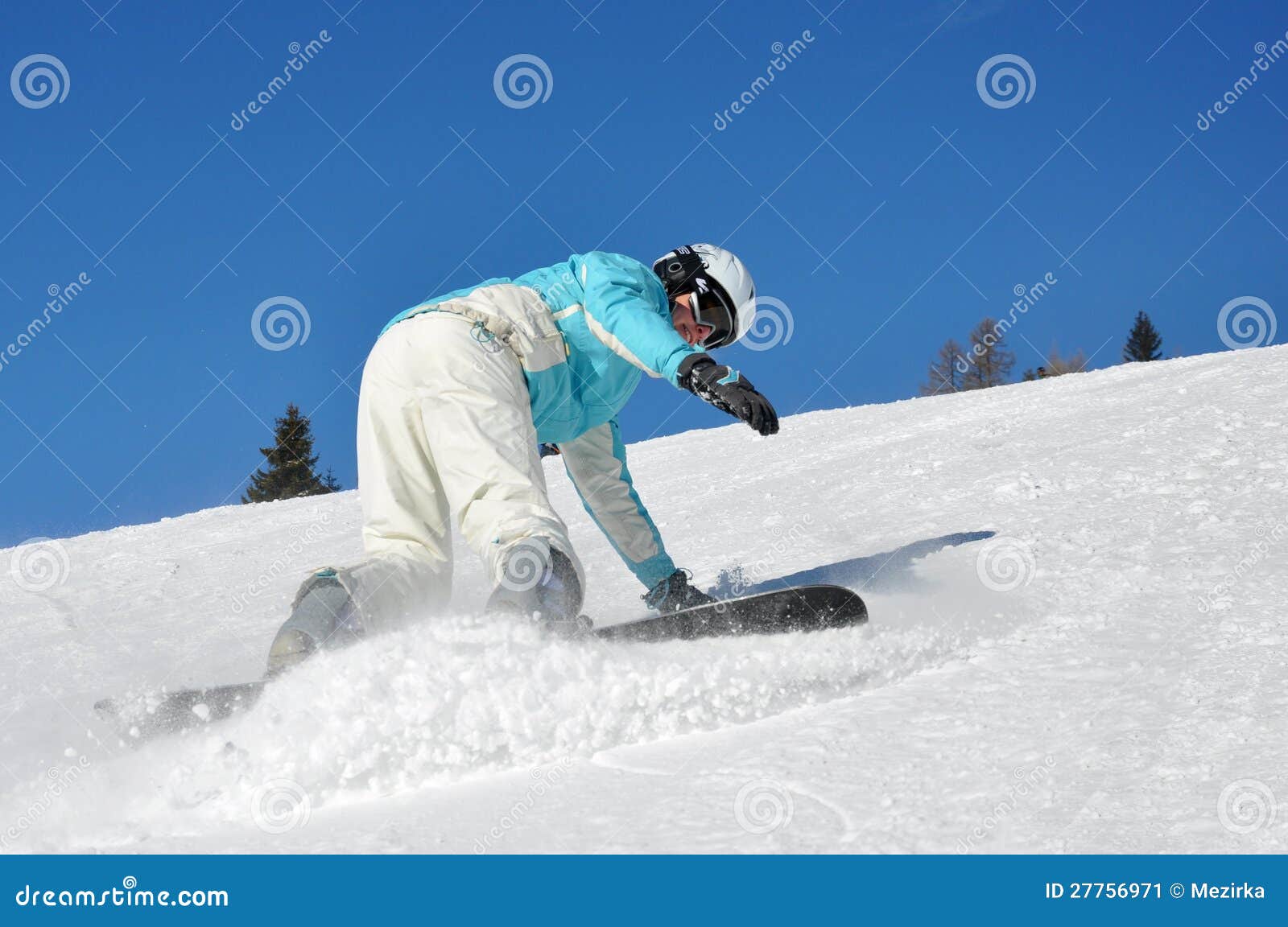 Young Woman Braking on Snowboard Stock Image - Image of recreation ...