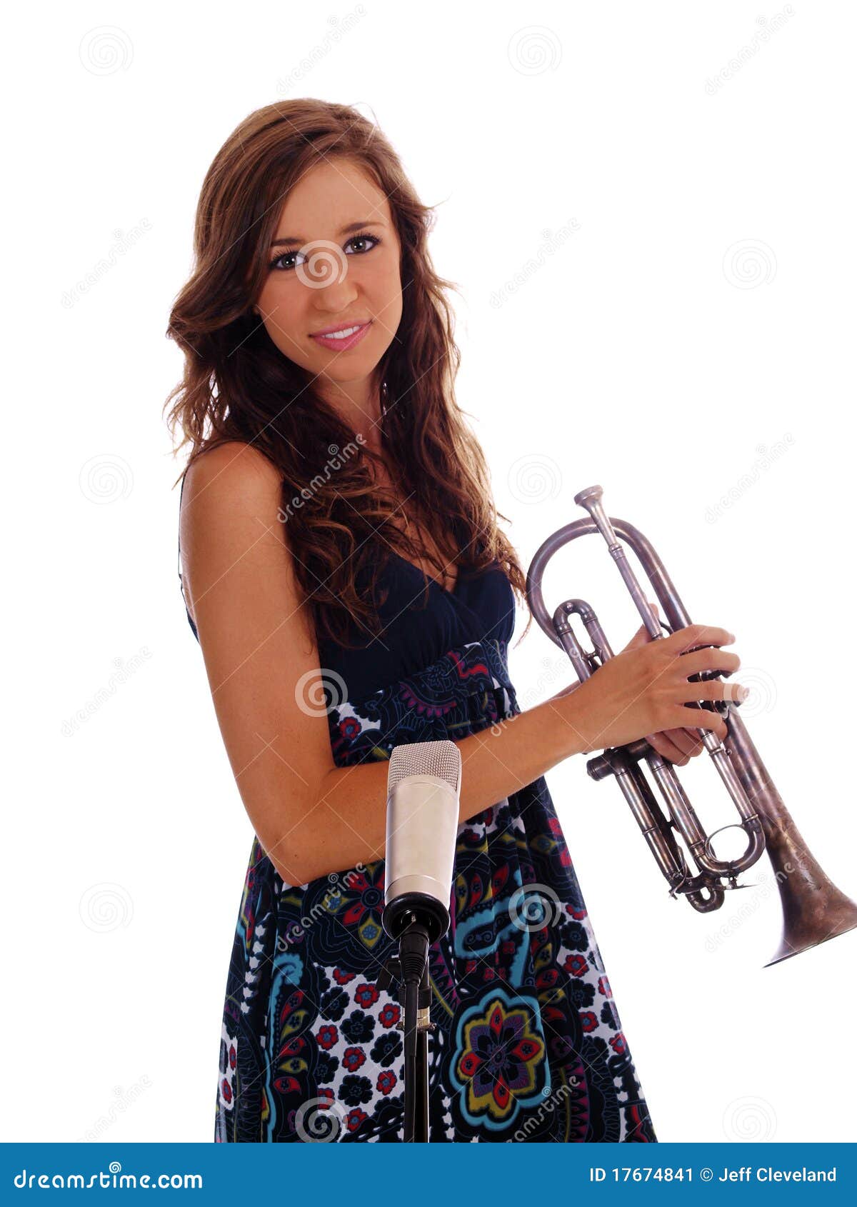 Young Woman with Brass Instrument and Mic Stock Image - Image of young ...