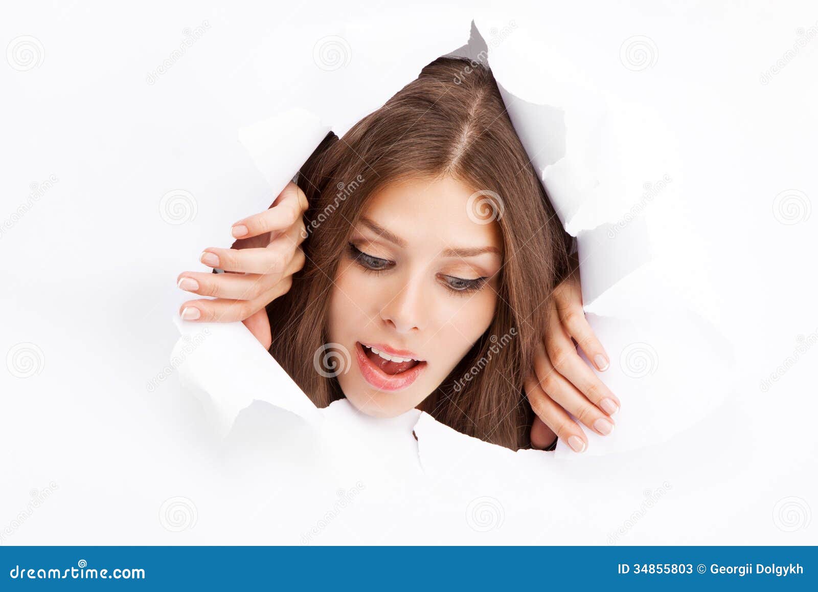 Young Woman Breaking through a Paper Sheet Stock Image - Image of open ...