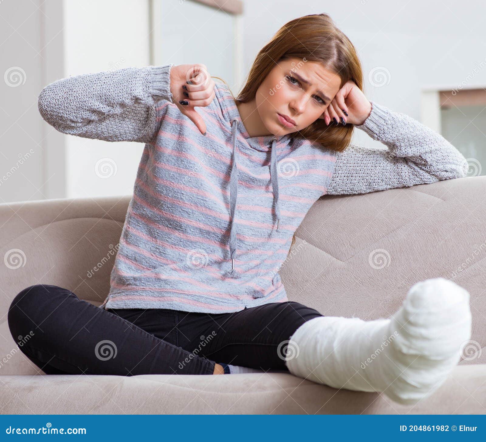 Young Woman with Broken Leg at Home Stock Photo - Image of patient ...