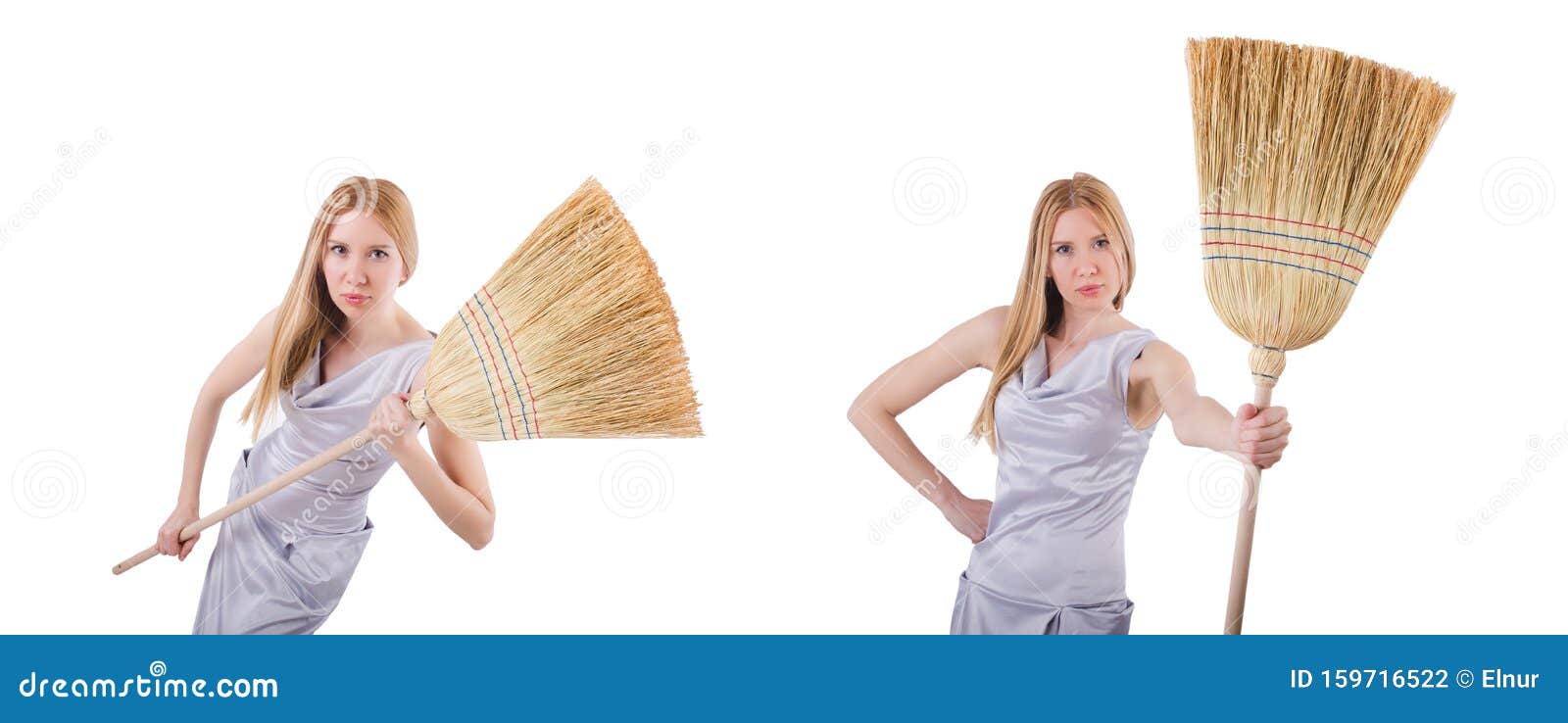 Young Woman with Broom on White Stock Photo - Image of life, dusty ...