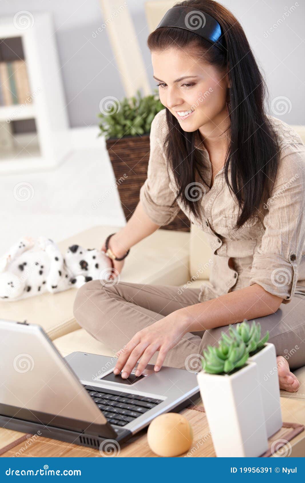 Young Woman Browsing Internet on Computer Smiling Stock Image - Image ...