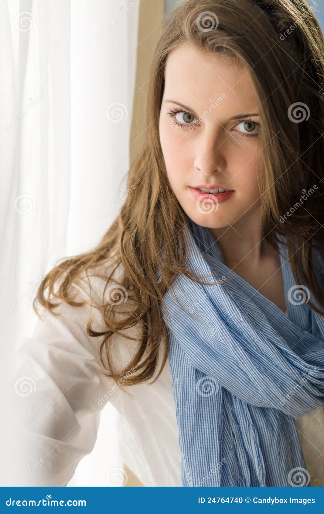 Young Woman Brunette Look Camera Behind Curtain Stock Photo - Image of ...