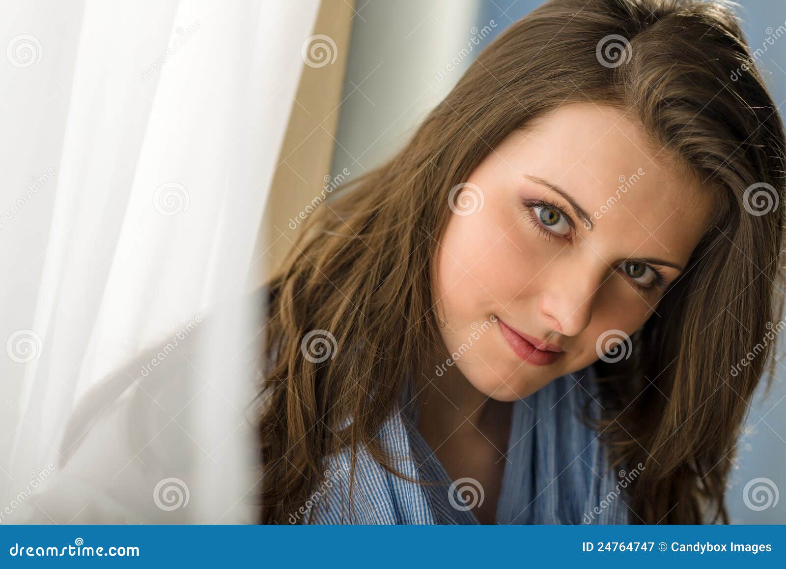 Young Woman Brunette Look Camera Behind Curtain Stock Image - Image of ...