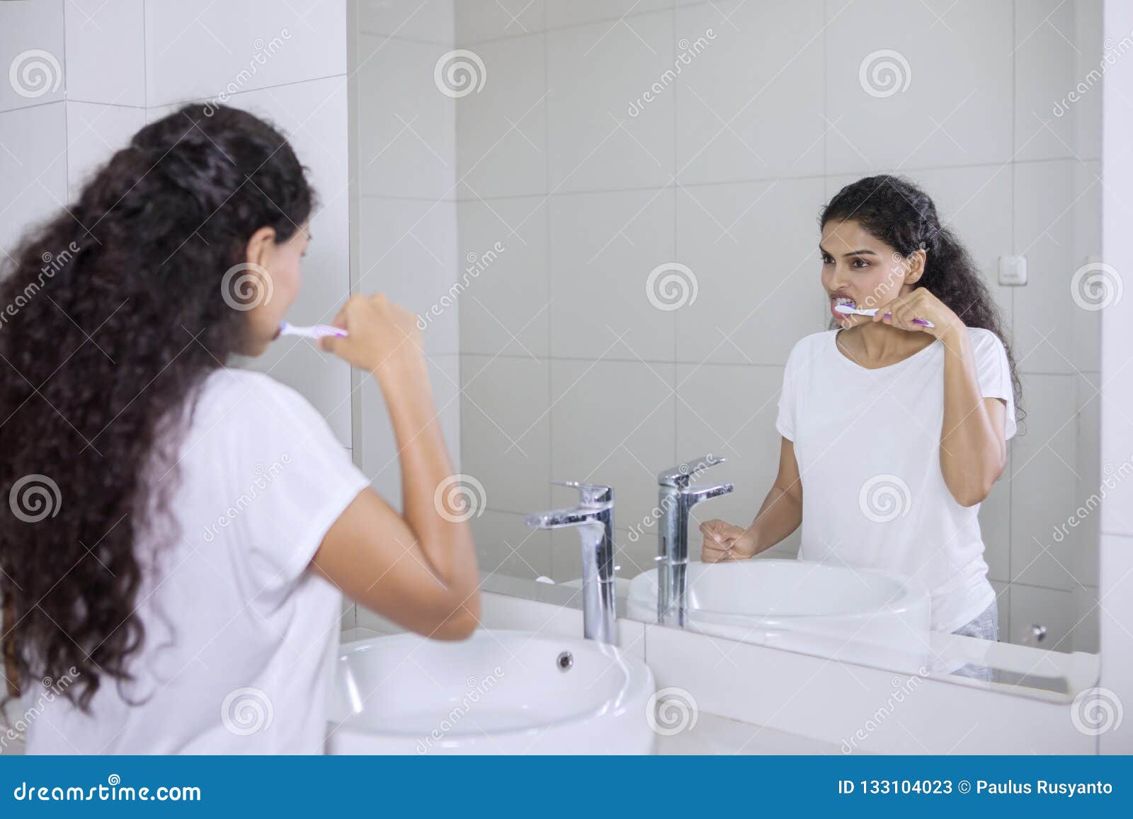 Young Woman Brushes Teeth in the Bathroom Stock Image - Image of clean ...