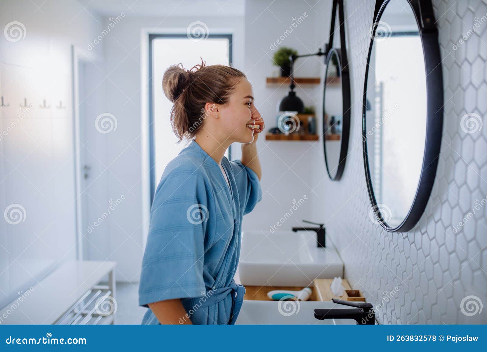 Young Woman Brushing Her Teeth, Morning Routine Concept. Stock Photo ...