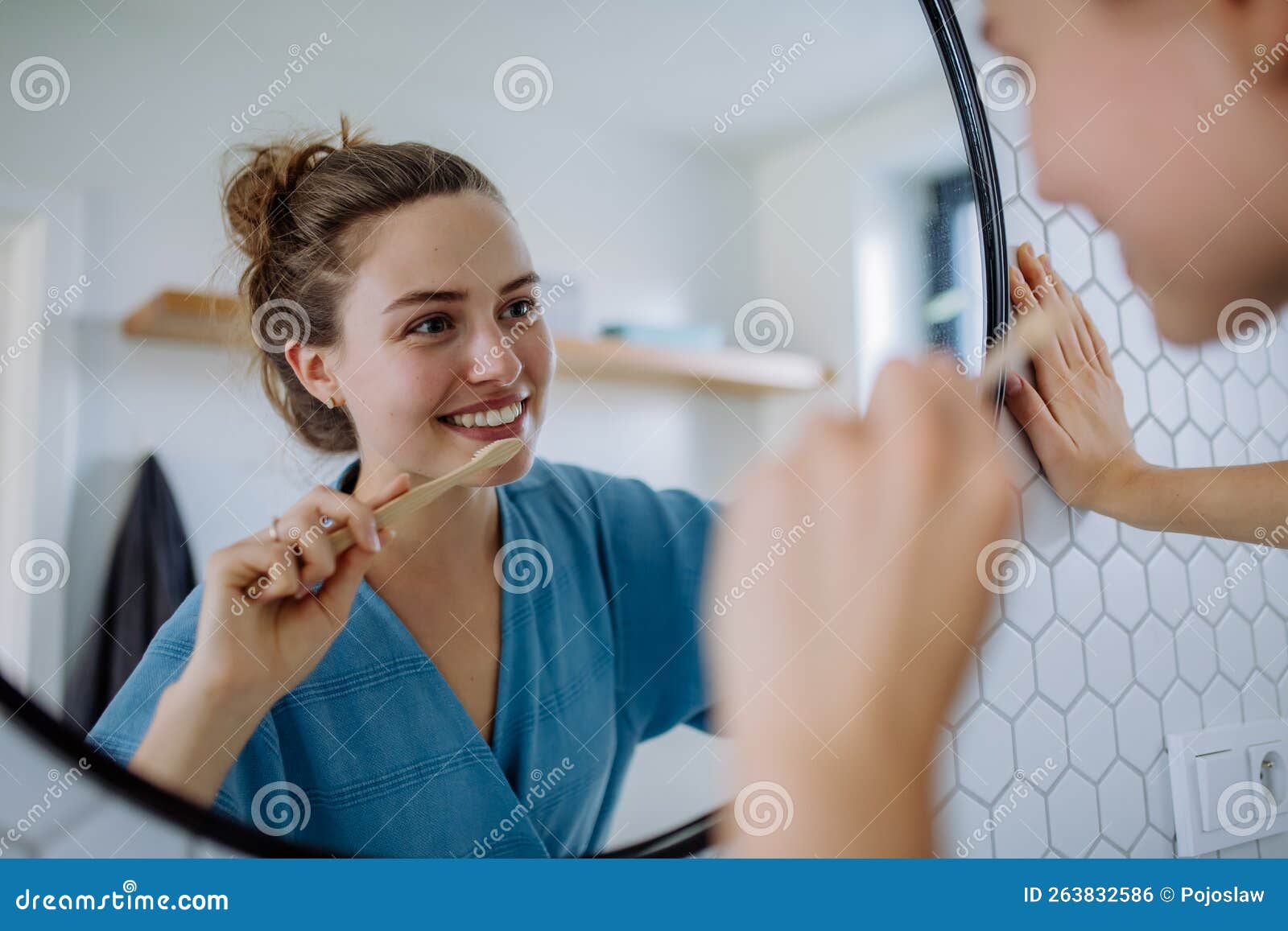 Young Woman Brushing Her Teeth, Morning Routine Concept. Stock Photo ...