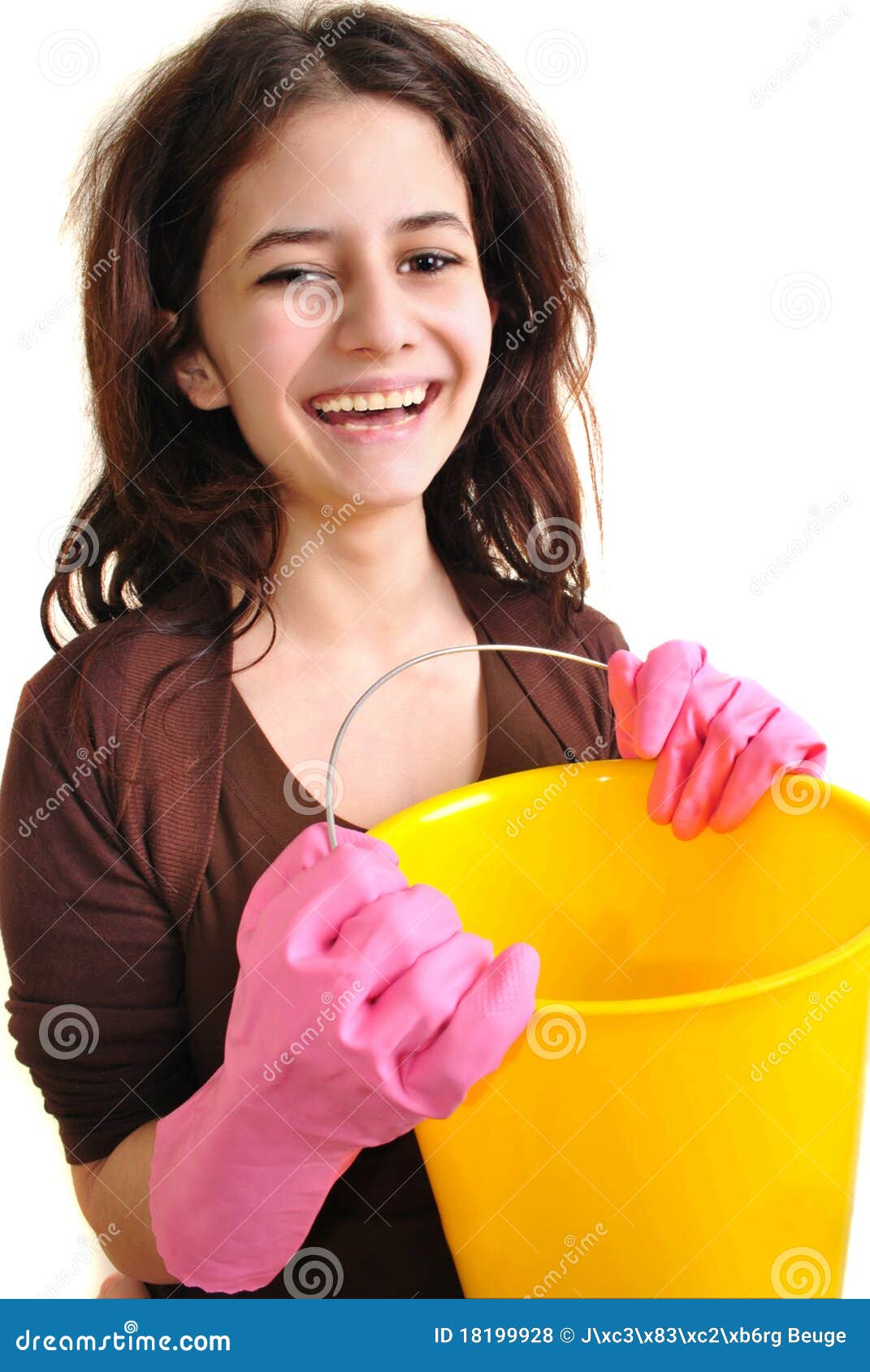 Young Woman with a Bucket and Gloves Stock Photo - Image of glove ...