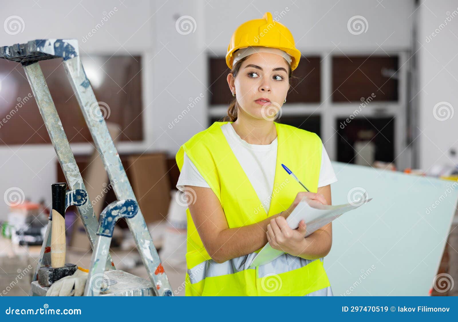 Young Woman Builder Checking Documentation in Construction Site Stock Image - Image of writing ...