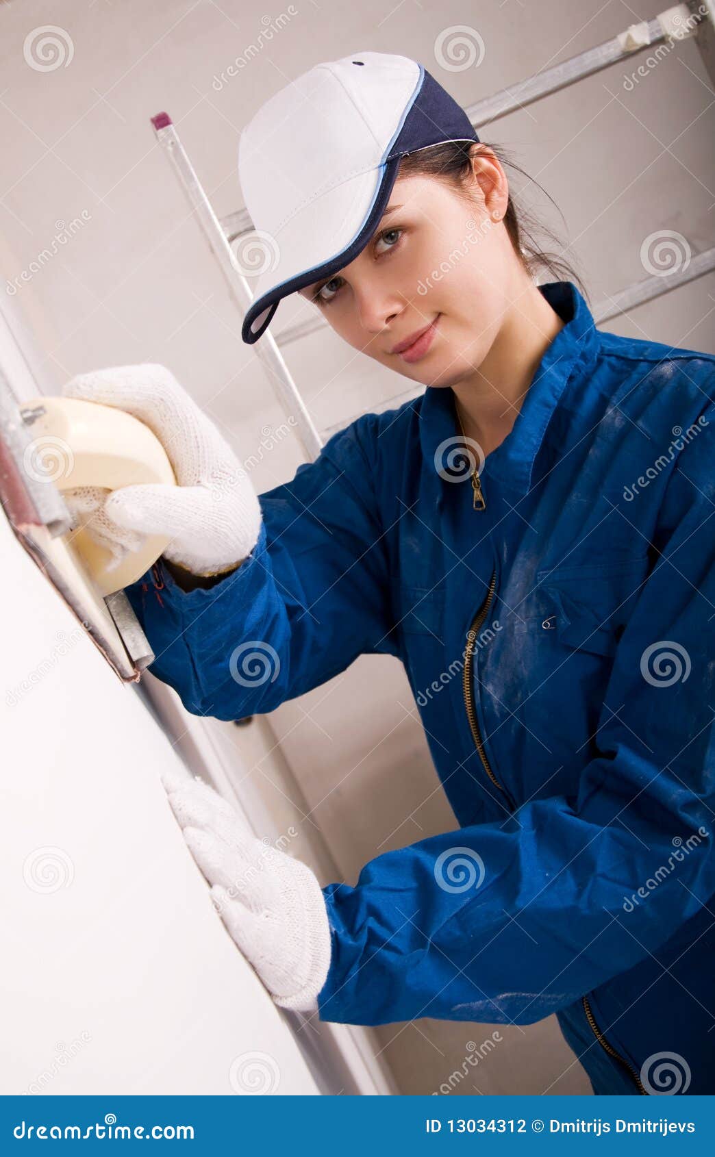 Young Woman Builder Polishing the Wall Stock Photo - Image of construct ...