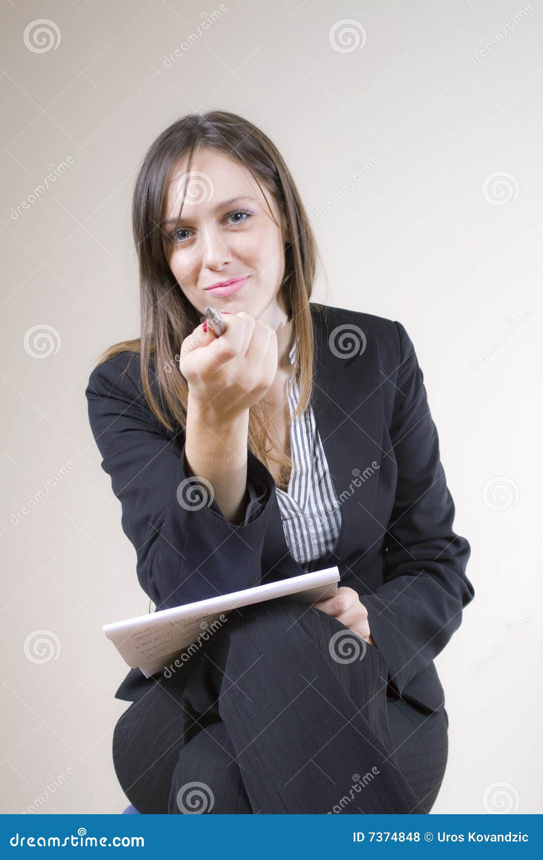 Young Woman Business Pointing Pen Smiling Stock Photo - Image of pass ...