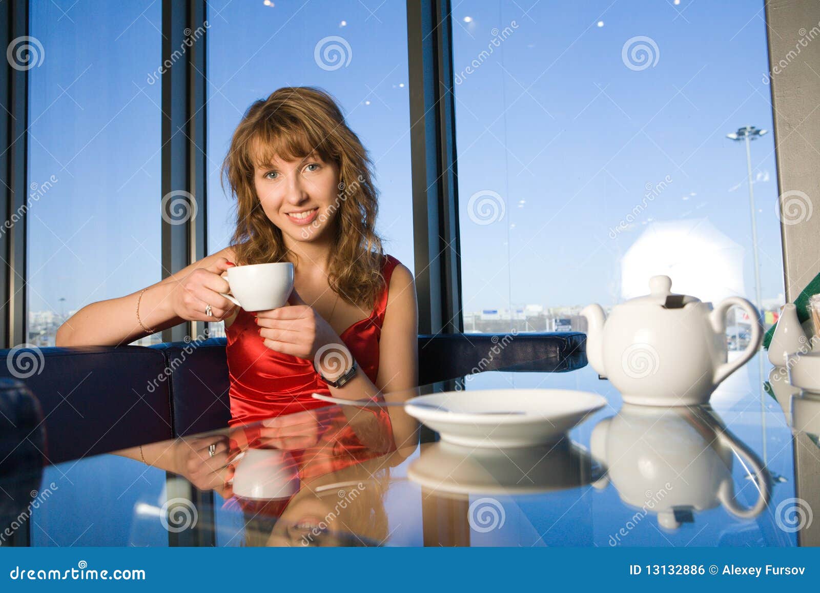 Young woman in cafe stock photo. Image of blue, adult - 13132886