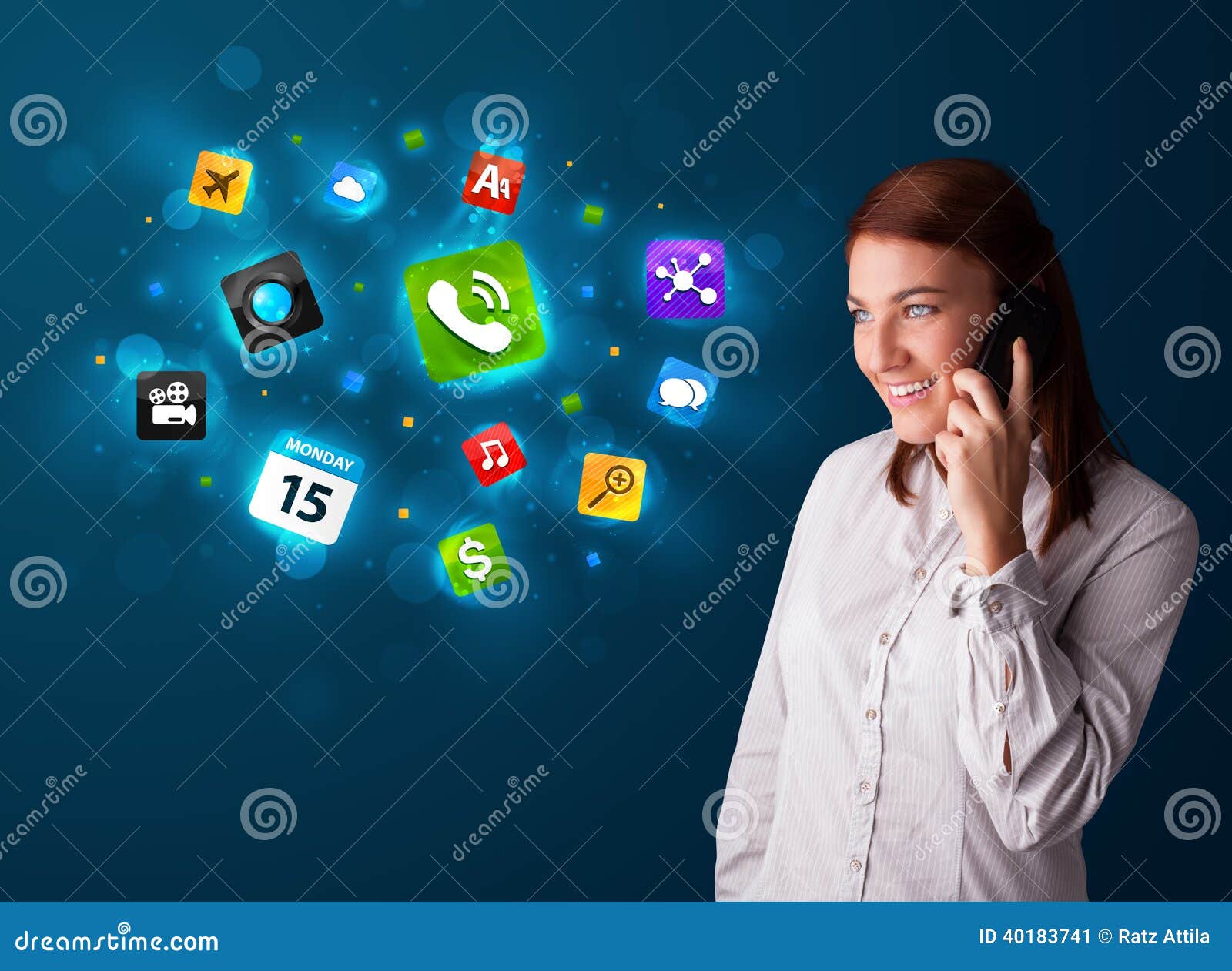 Young Woman Calling by Phone with Various Icons Stock Image - Image of ...