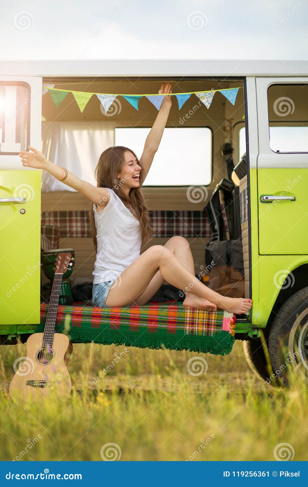Young Woman Enjoying A Roadtrip Stock Image Image Of Enjoying Meadow 119256361