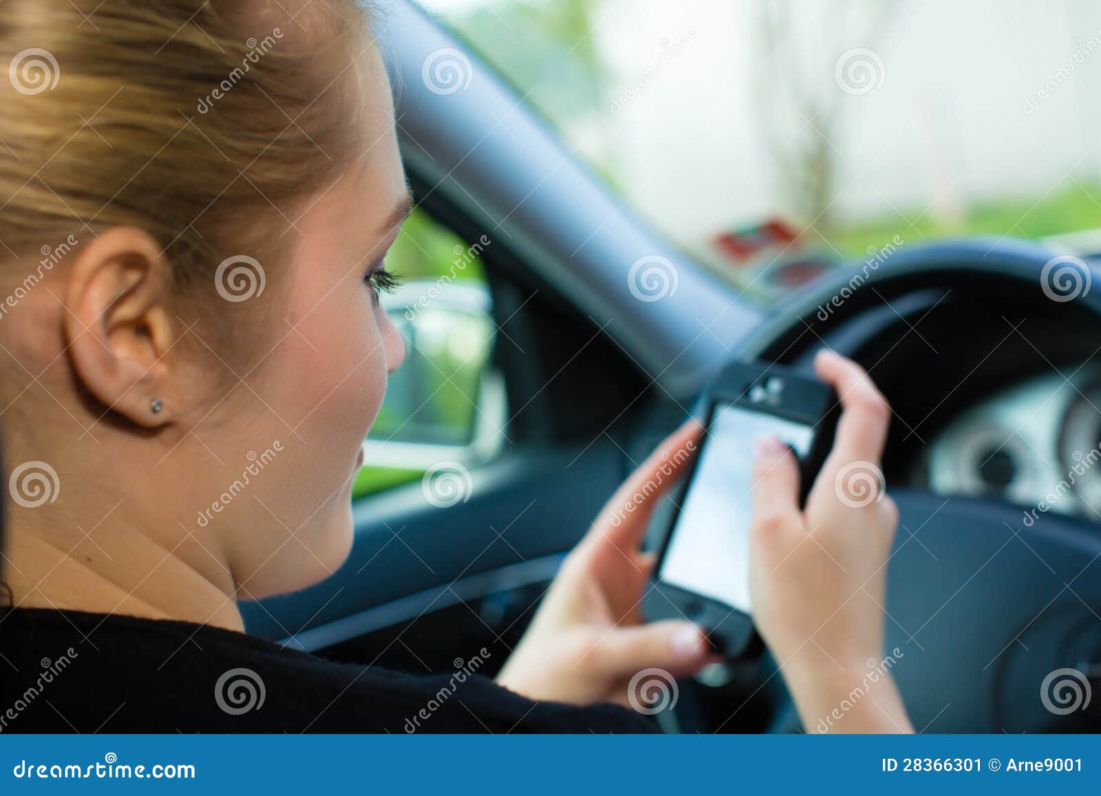 Young Woman, in Car with Mobile Phone Stock Image - Image of review ...