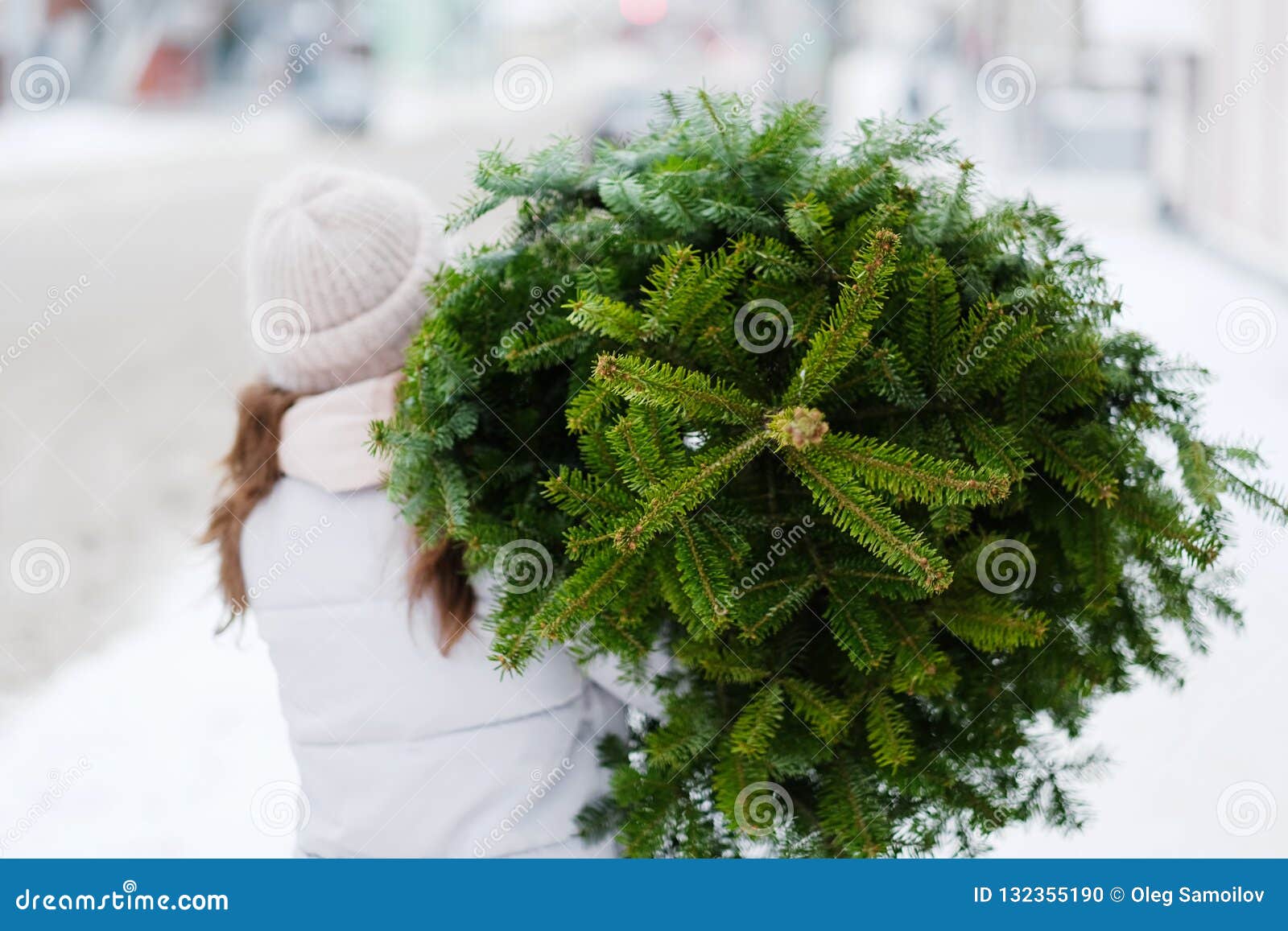 Young Woman Carrying a Christmas Tree Stock Photo - Image of christmas ...