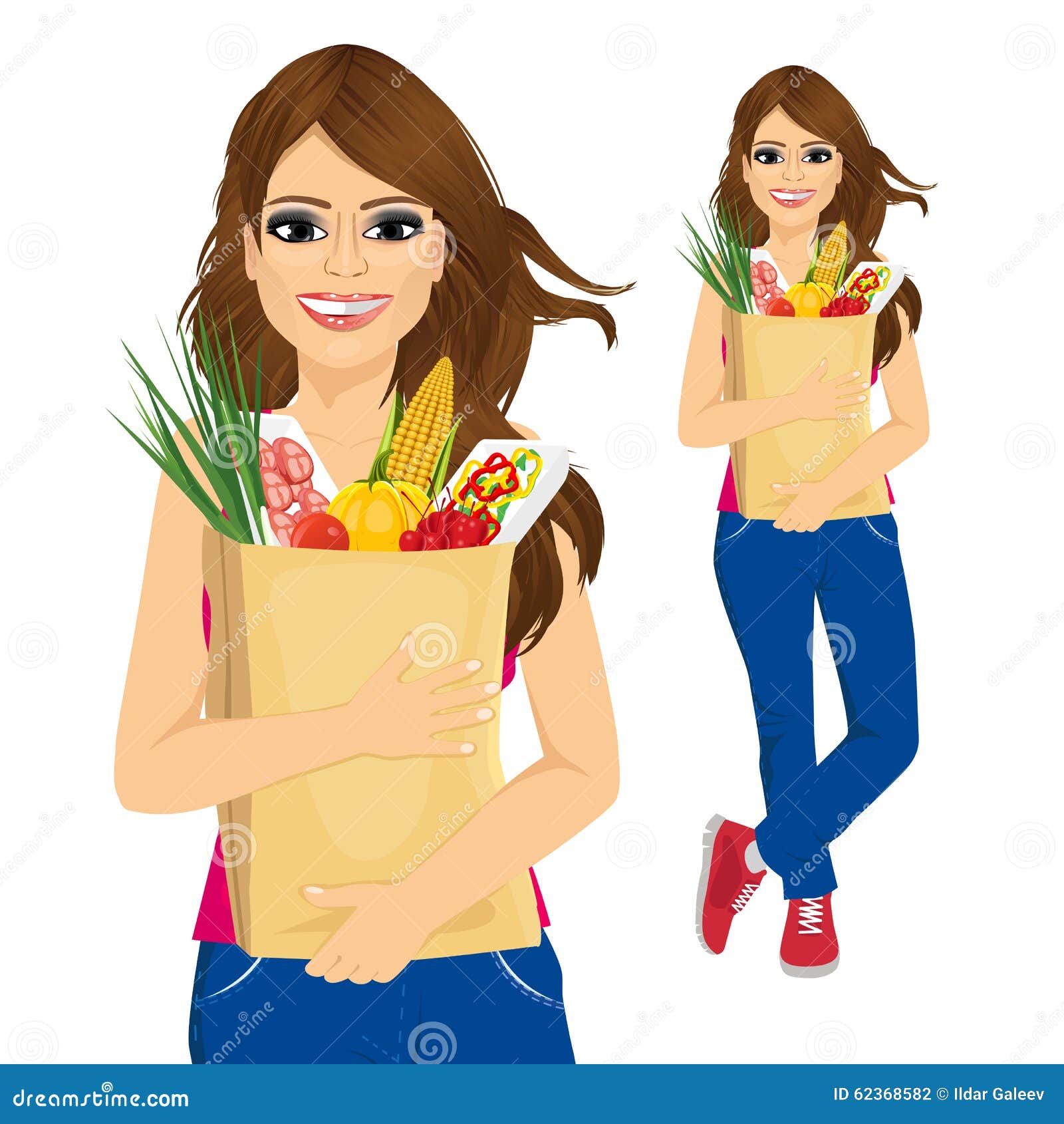 Young Woman Carrying Grocery Paper Bag Stock Vector Illustration Of