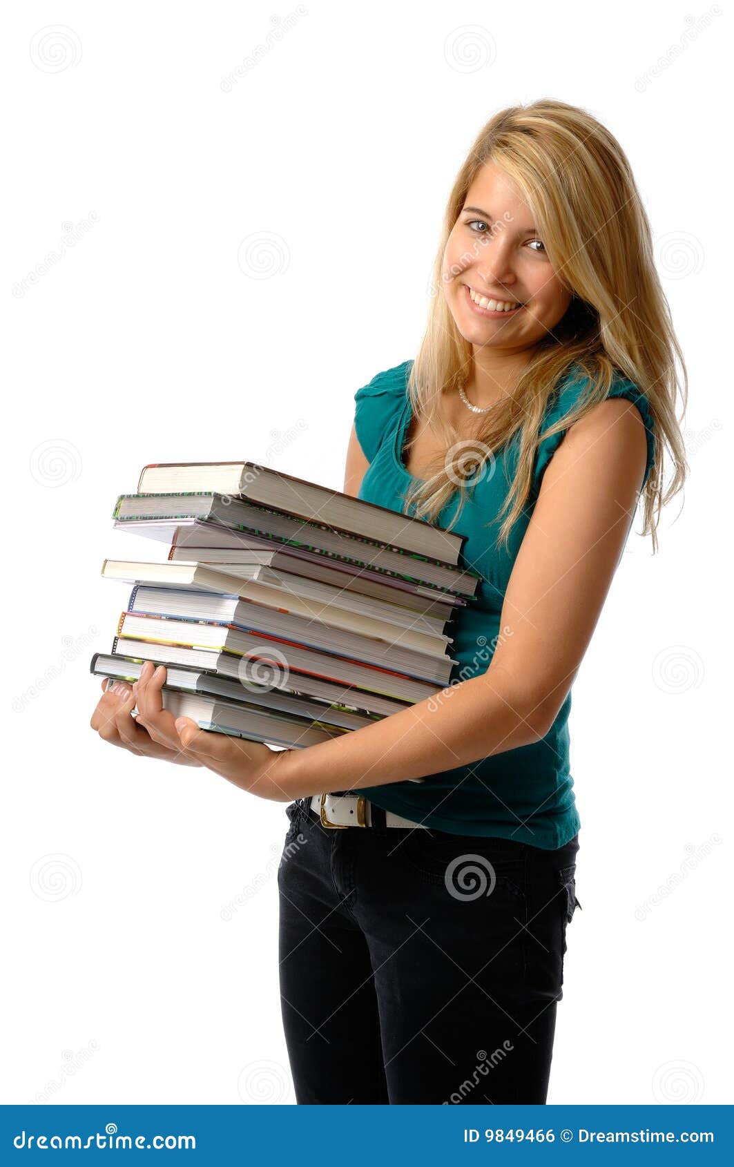 Young Woman Carrying a Stack of Books Stock Photo - Image of holding ...