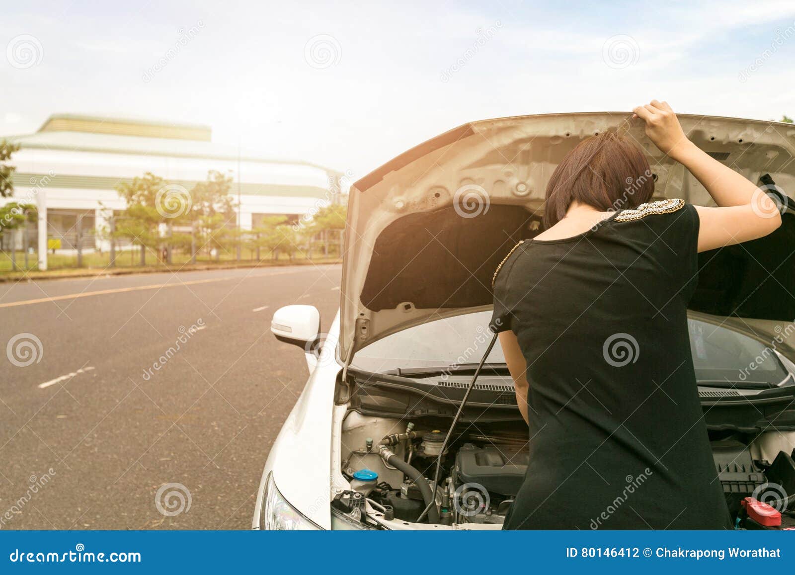 Young Woman Checking with Repairing Her Broken Car Stock Photo - Image ...