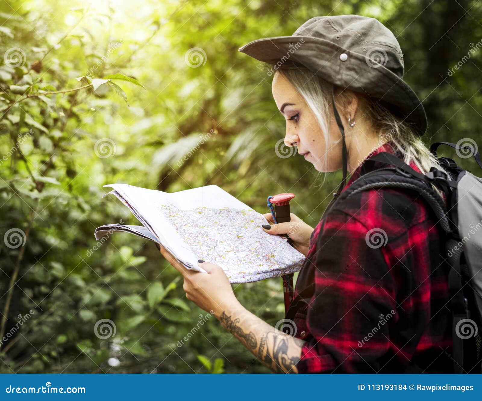 A Young Woman Checking Route Map in the Forest Stock Photo - Image of ...