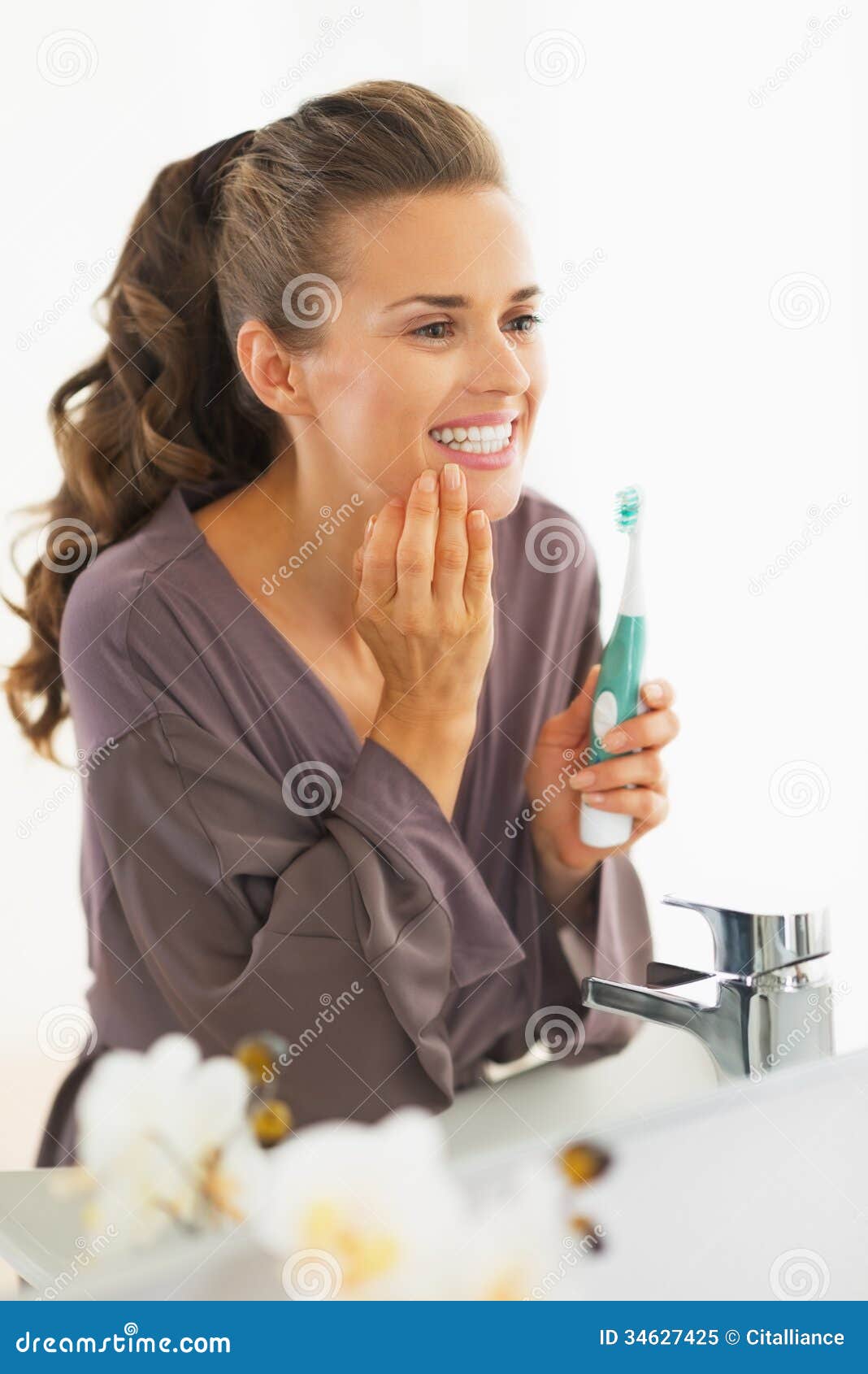 Young Woman Checking Teeth after Brushing Stock Image - Image of ...