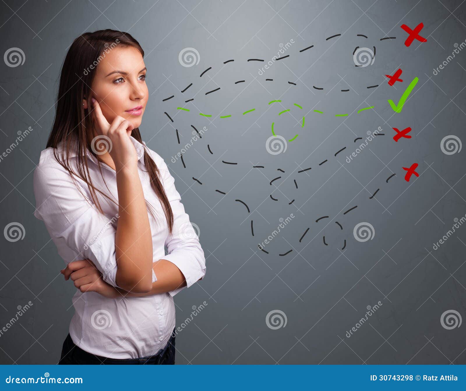 Young Woman Choosing between Right and Wrong Signs Stock Photo - Image ...