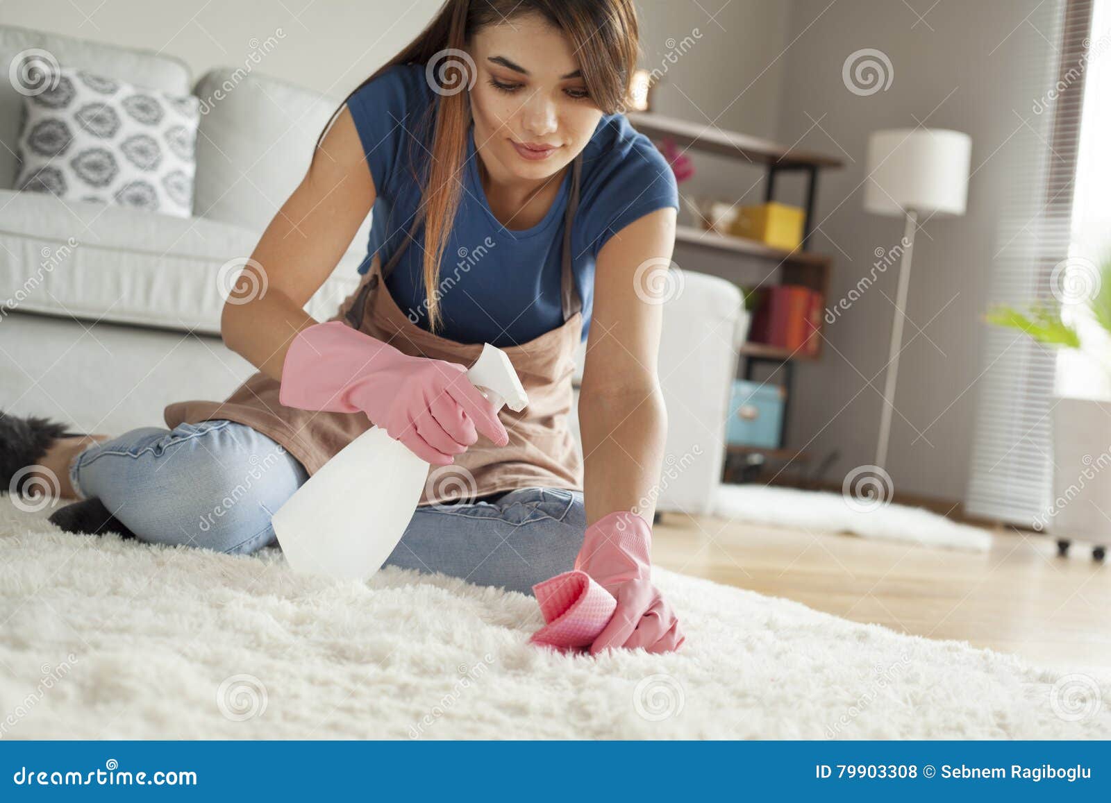 Young Woman Cleaning Carpet in Room Stock Photo - Image of room ...