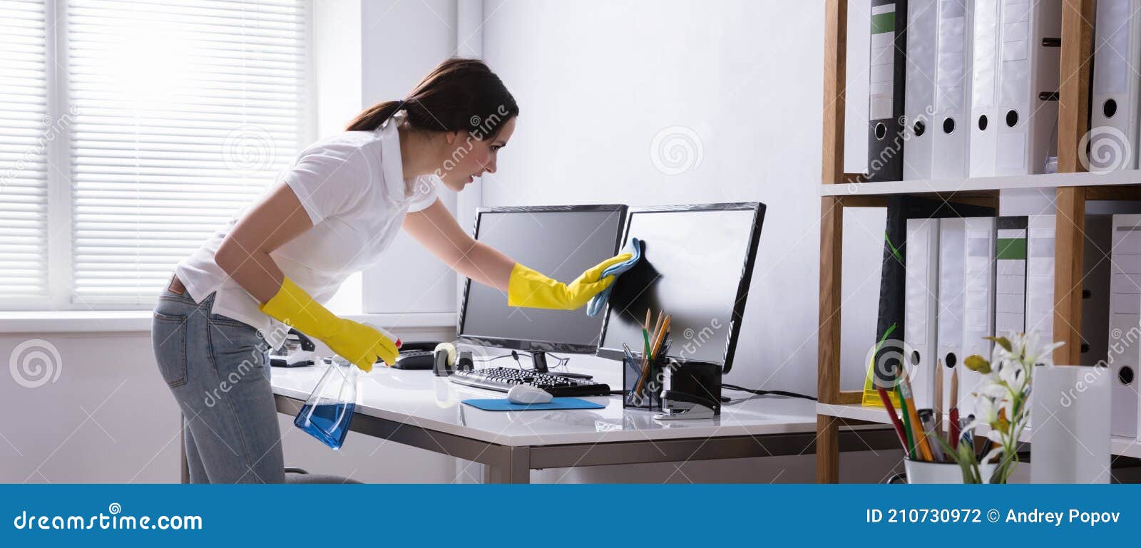Woman Cleaning Computer Monitor in Office Stock Photo - Image of banner ...