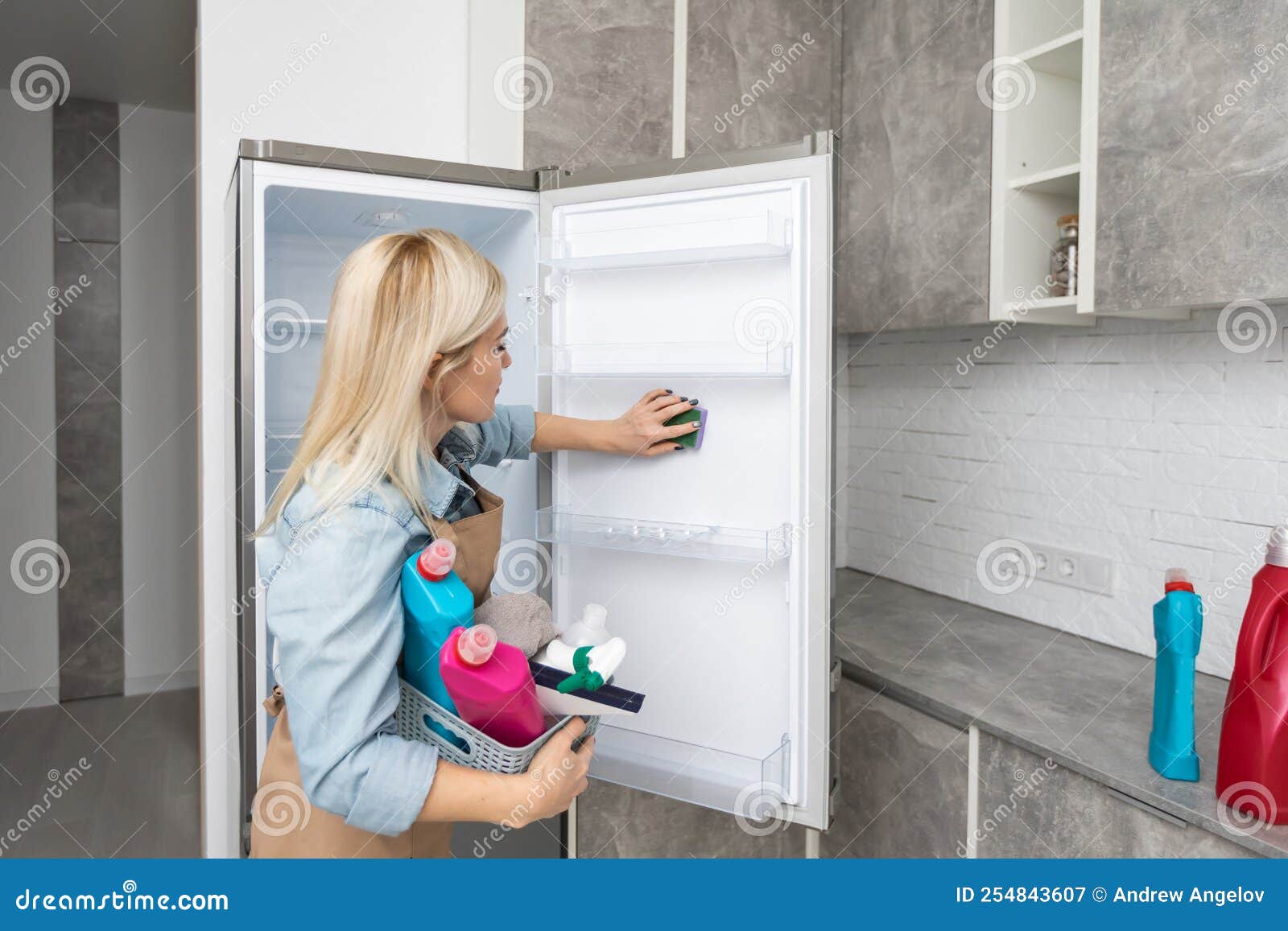 Young Woman Cleaning Empty Fridge with a Sponge Stock Image - Image of ...