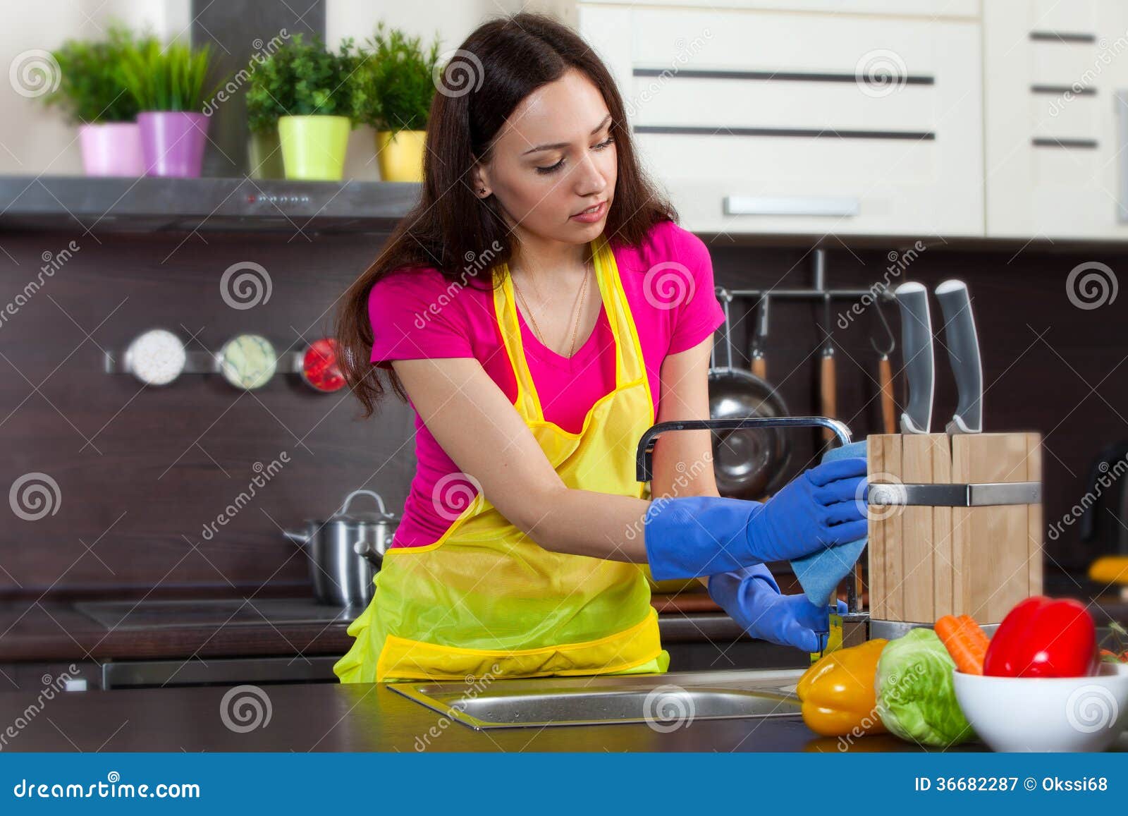 Young Woman Cleaning Kitchen Stock Image - Image of lifestyle, cheerful ...