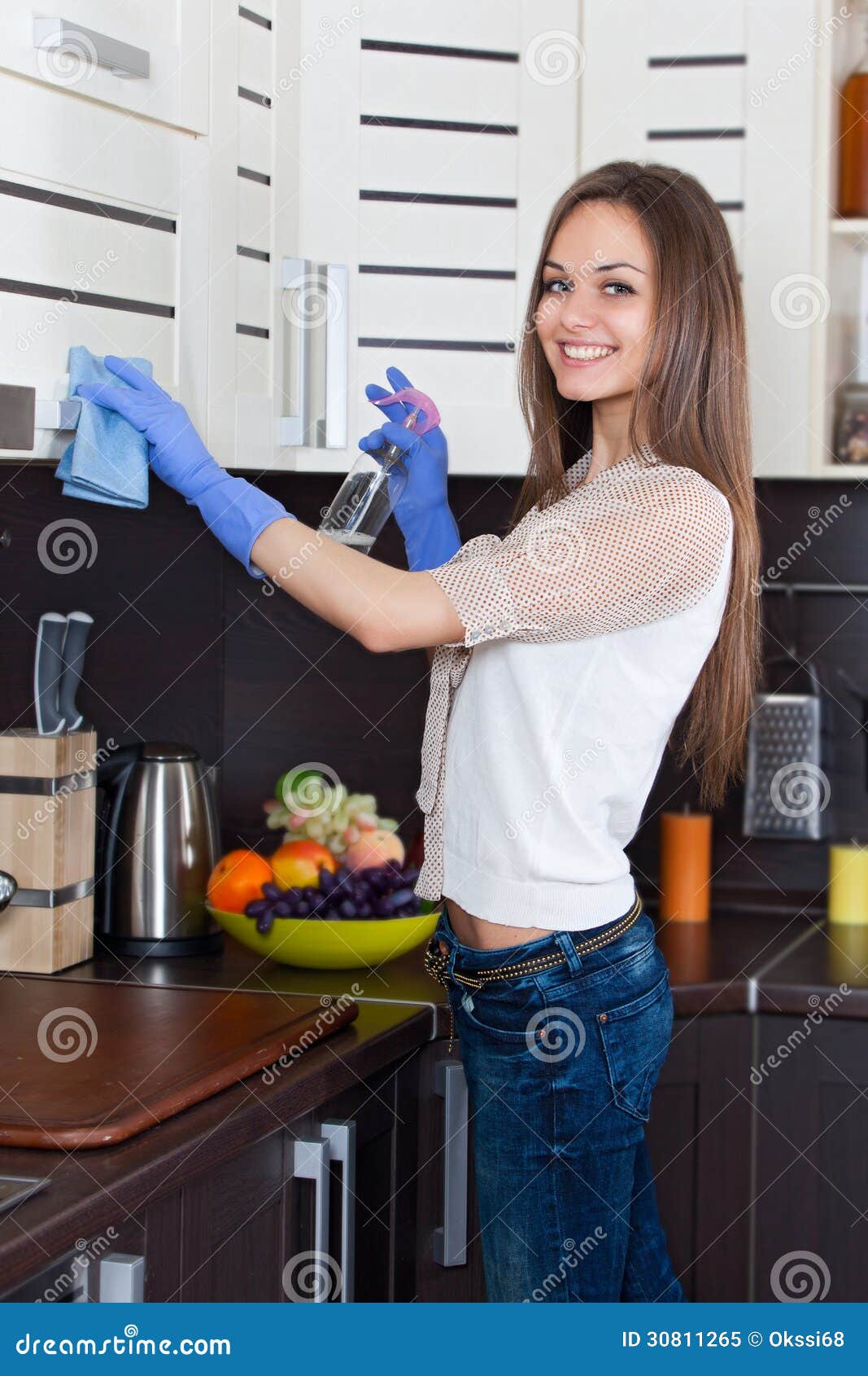 Young Woman Cleaning Kitchen Stock Image - Image of cheerful, cleaning ...