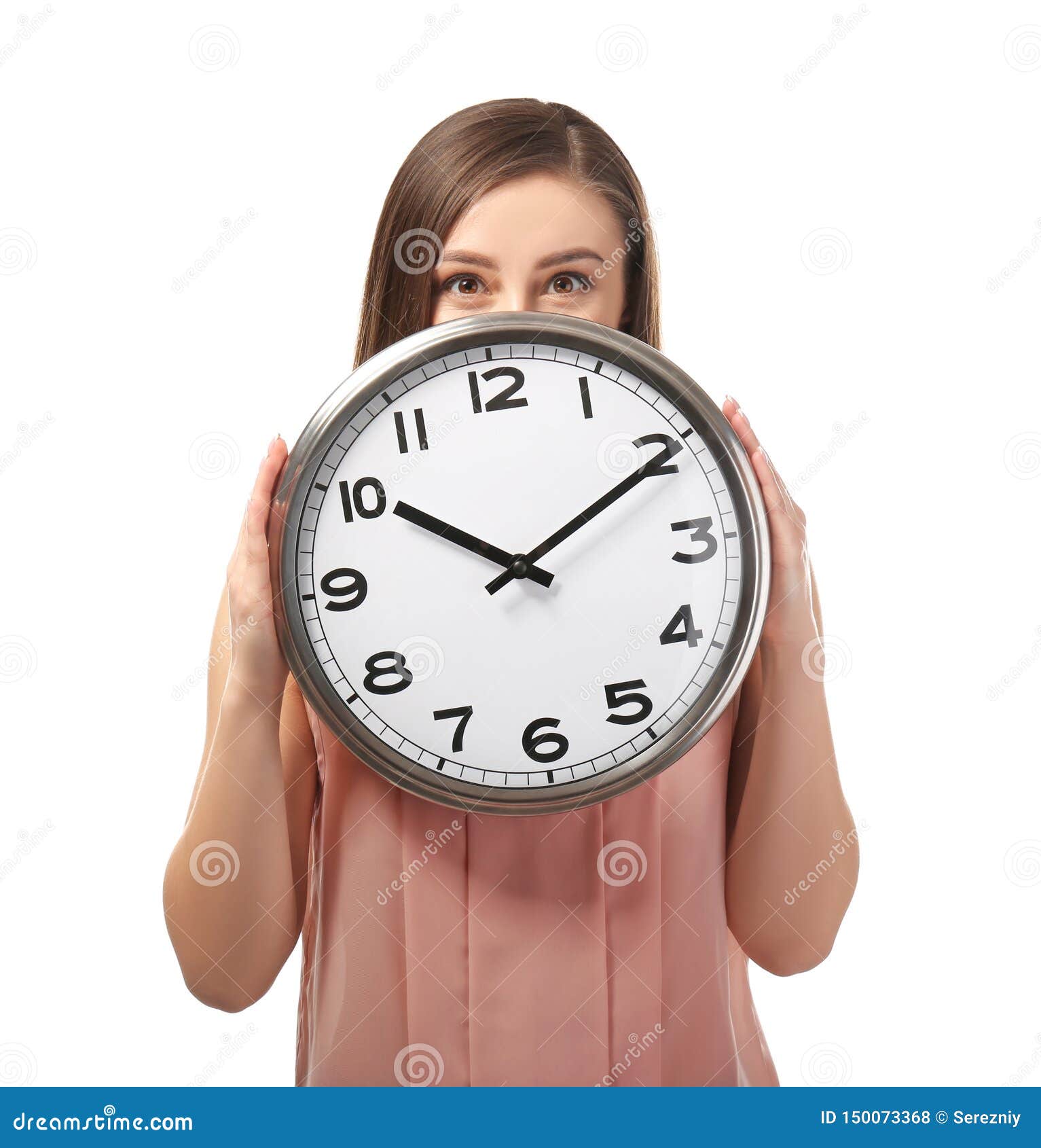 Young Woman with Clock on White Background. Time Management Concept ...