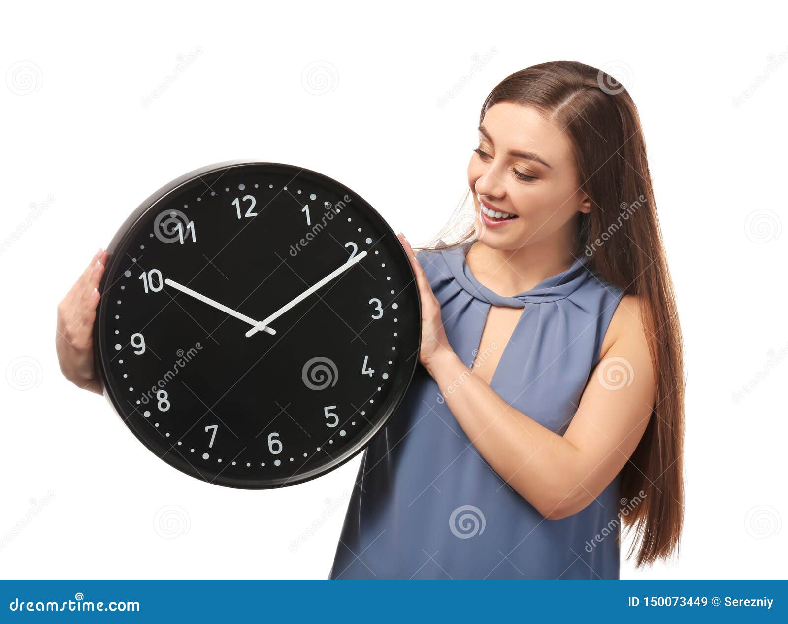 Young Woman with Clock on White Background. Time Management Concept ...